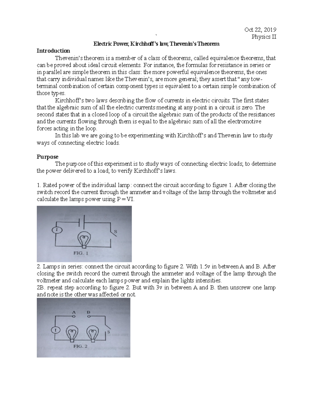 Electric Power lab - LAB REPORT - ` Physics II Electric Power ...