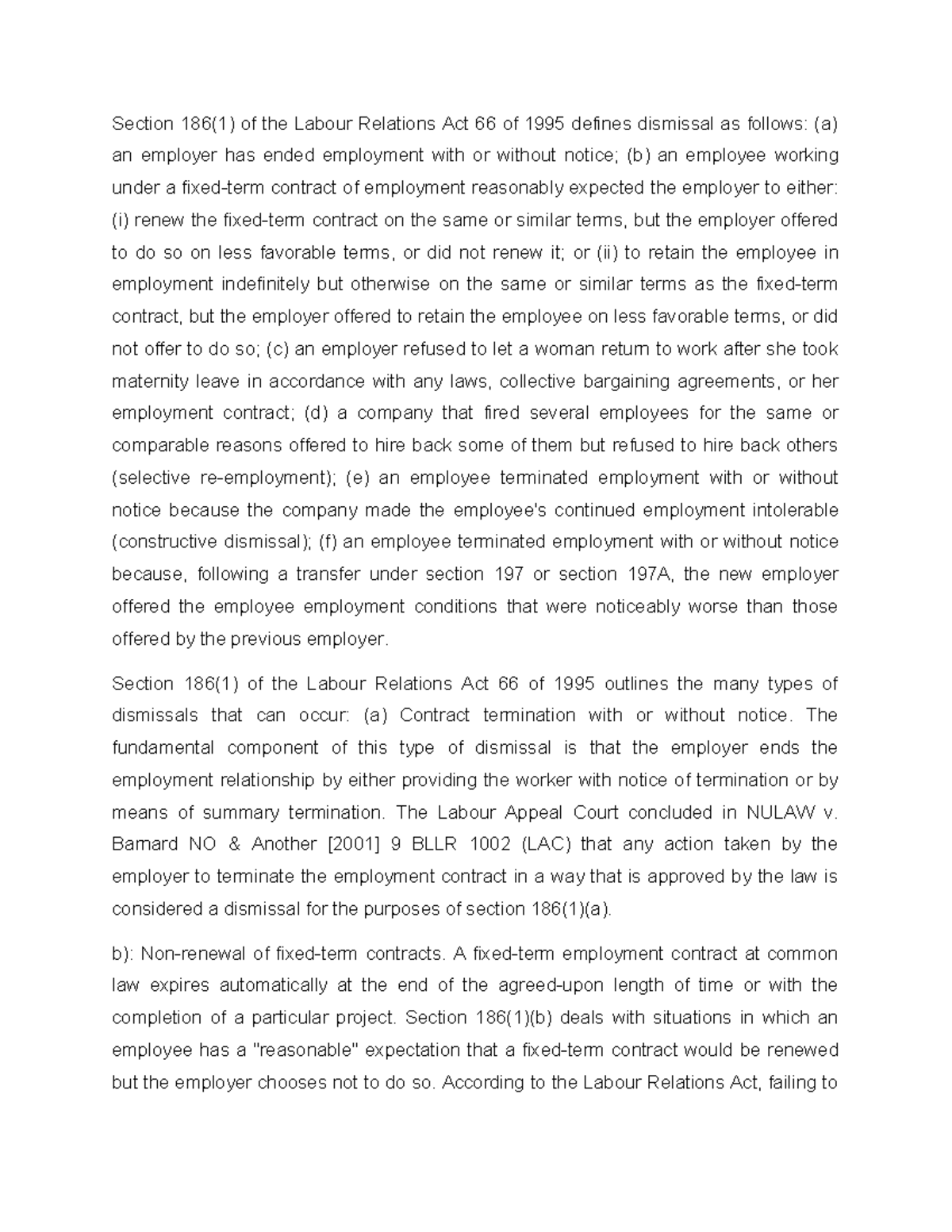 Labour LAW 1 - Section 186(1) of the Labour Relations Act 66 of 1995 ...