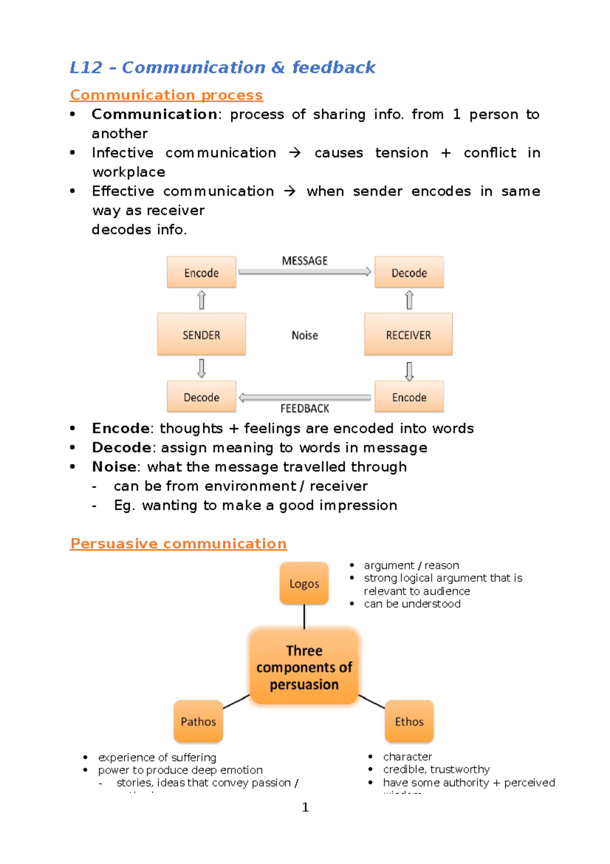 Lecture 12 notes - L12 – Communication & feedback Communication process ...