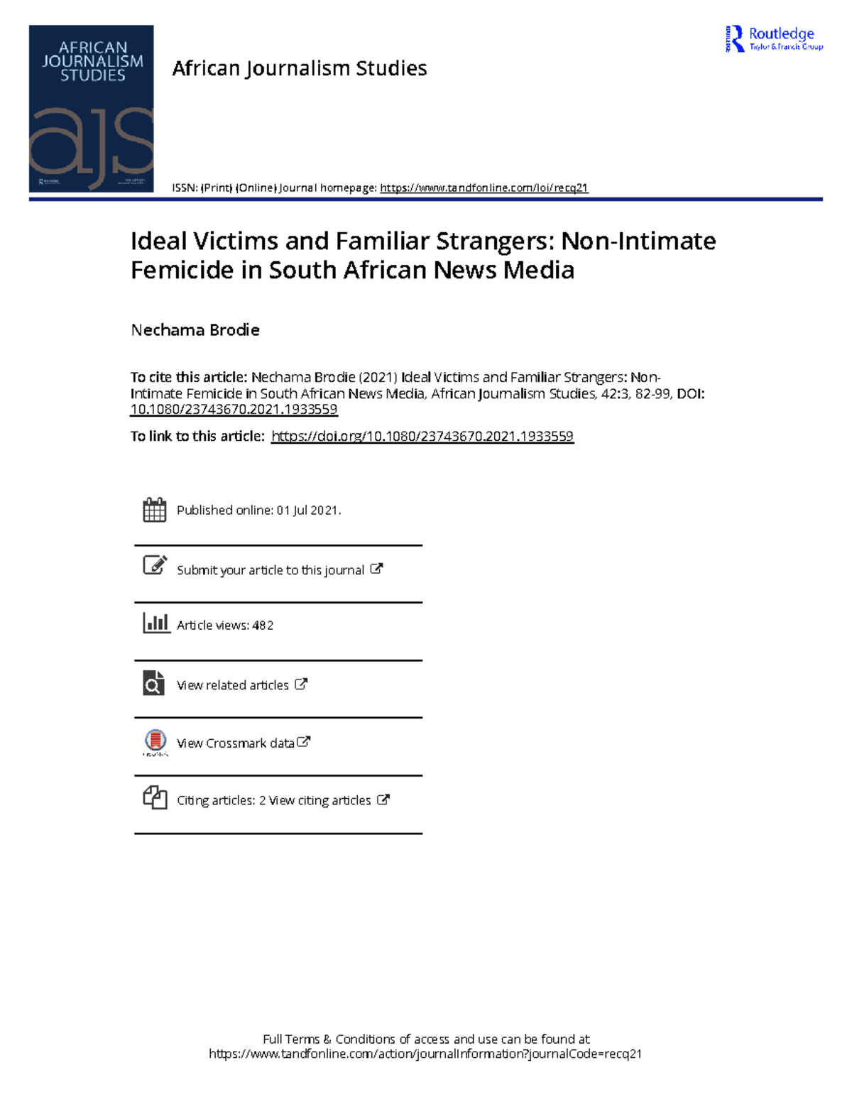 Ideal Victims and Familiar Strangers Non Intimate Femicide in South ...
