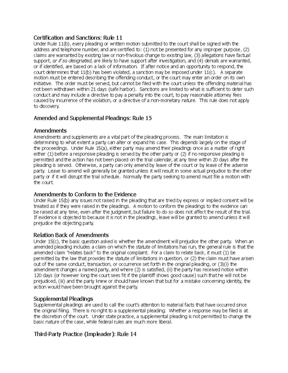 Civil Procedure Law Outline - 3 - Certification and Sanctions: Rule 11 ...