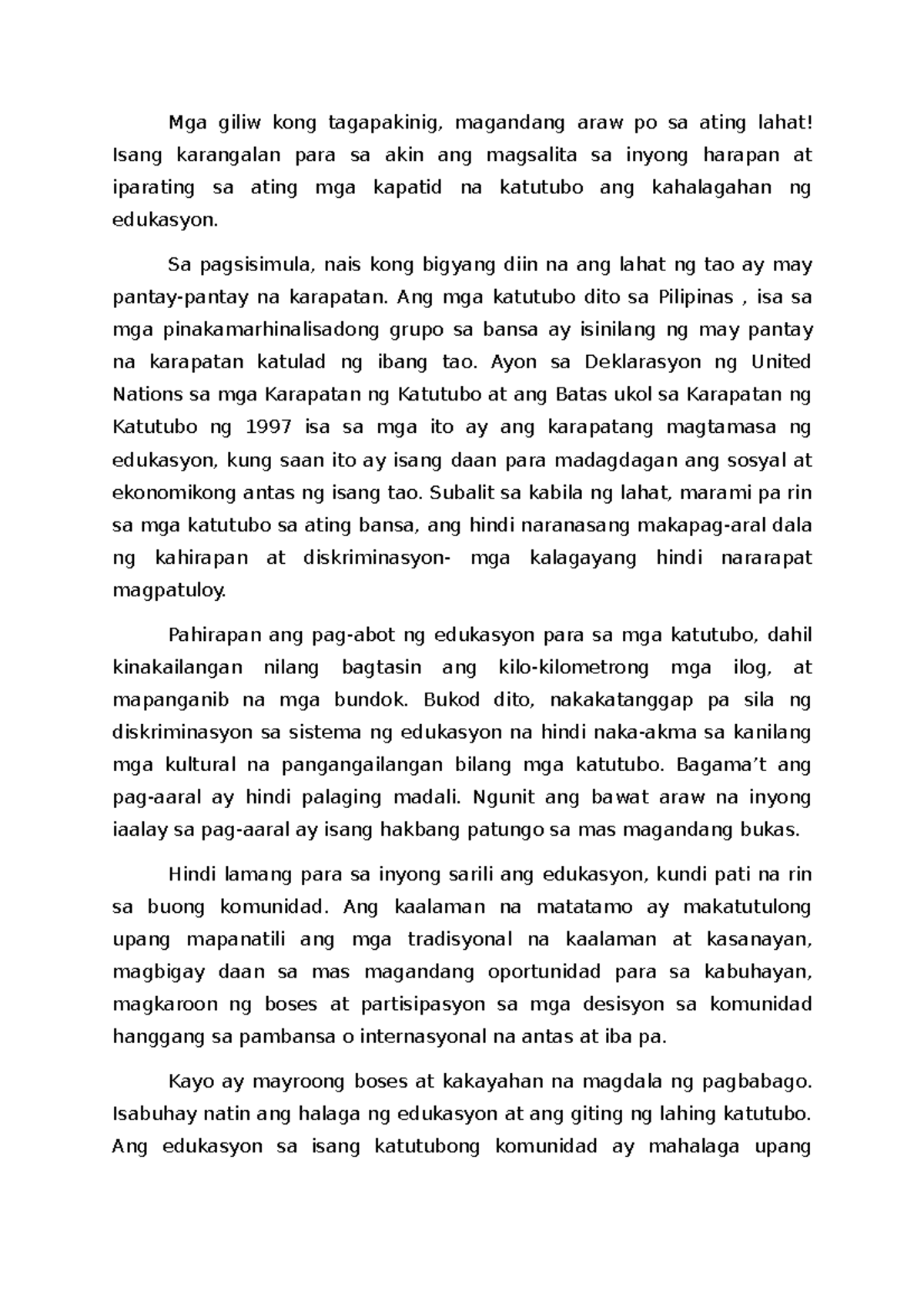 Talumpati - kkk - Mga giliw kong tagapakinig, magandang araw po sa ...