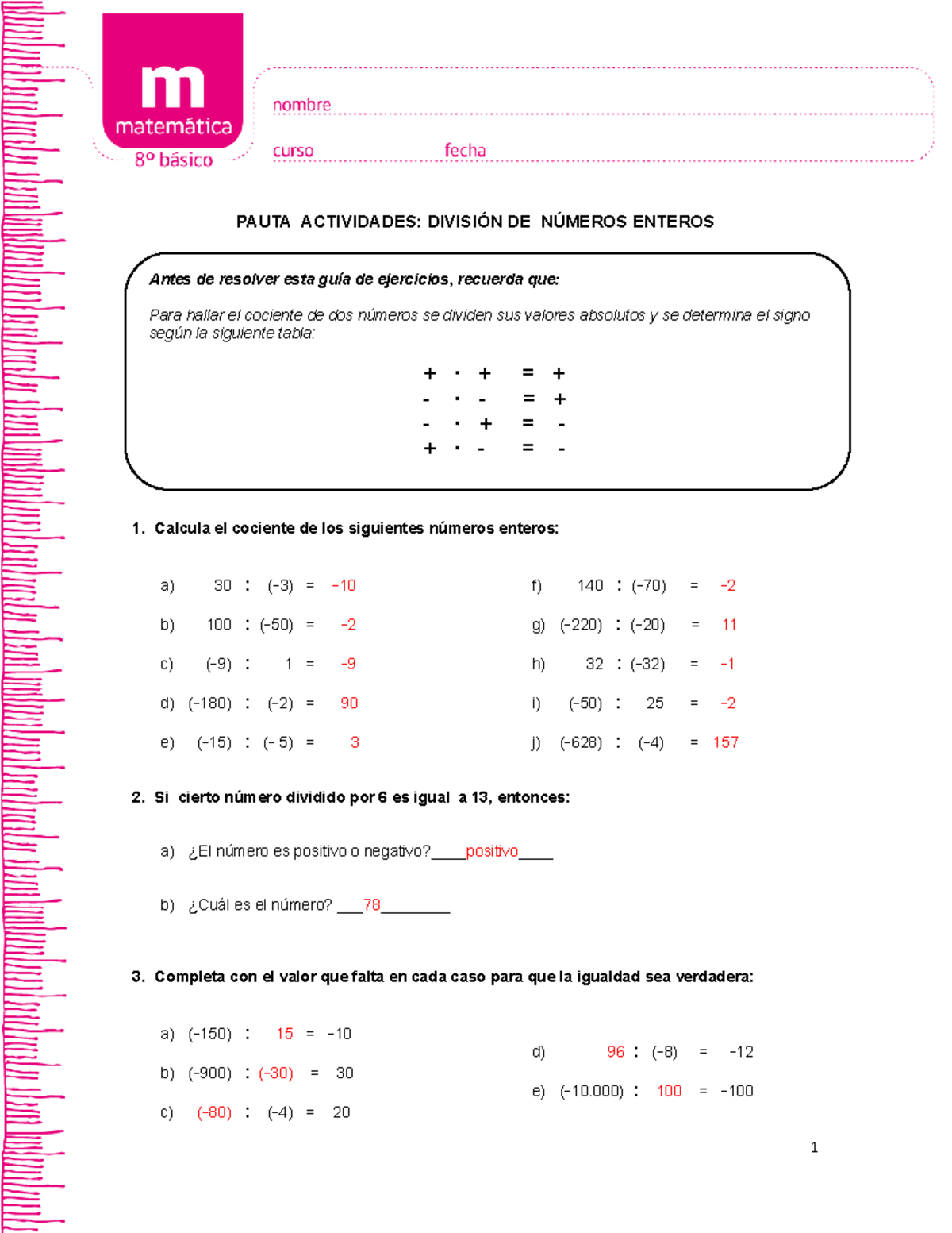 Hoja De Trabajo Para Dividir Números Enteros