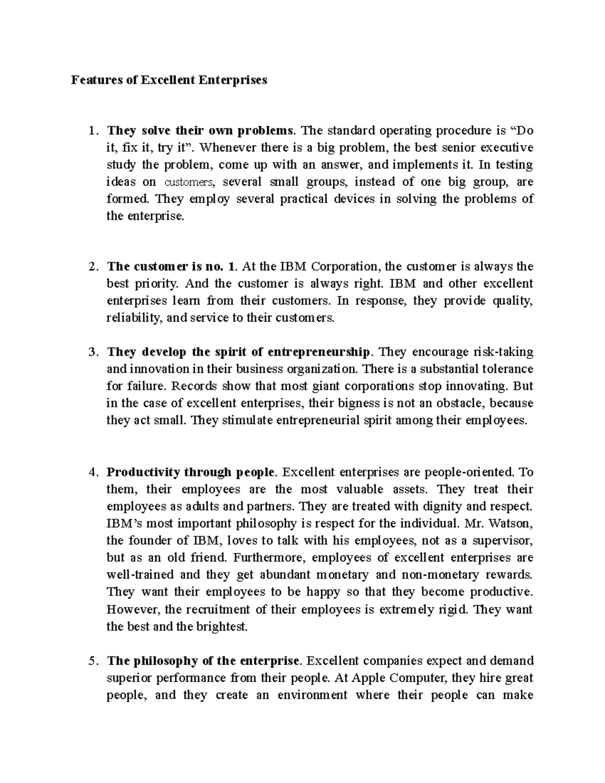 Features of Excellent Enterprises Narrative Report - Features of ...