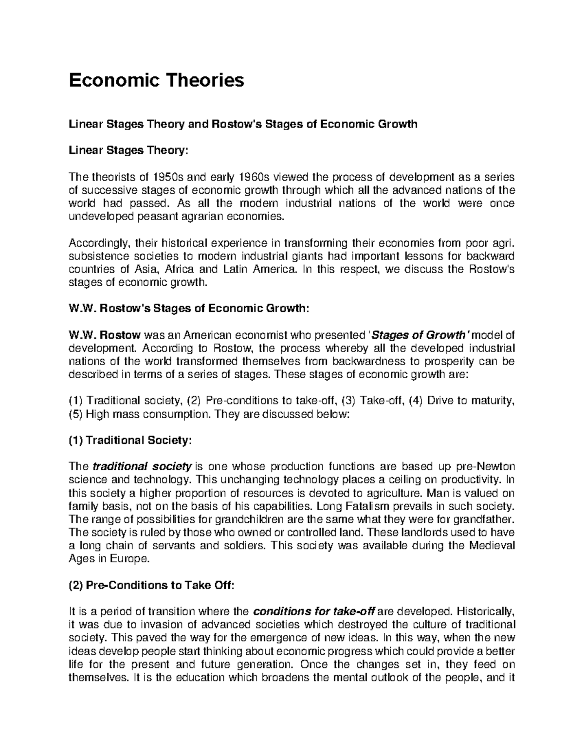 Economic Theories - Economic Theories Linear Stages Theory and Rostow's ...