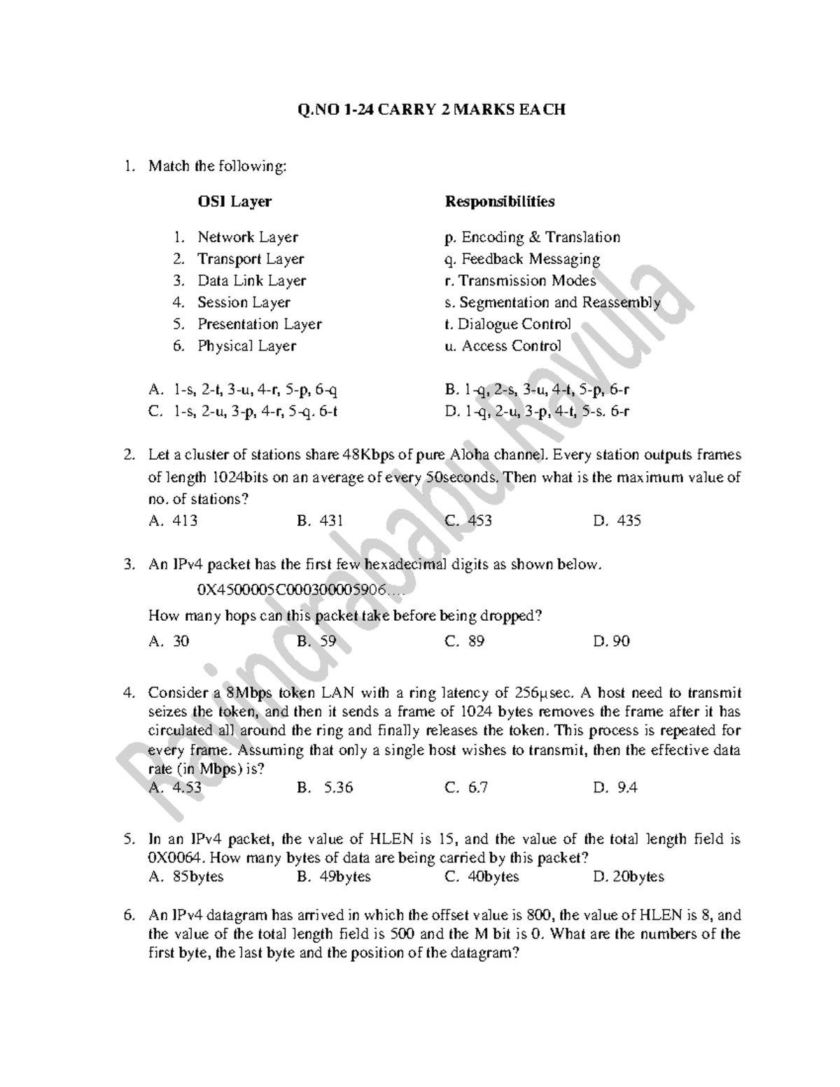 CN practice questions set 1 - Q 1-24 CARRY 2 MARKS EACH Match the ...