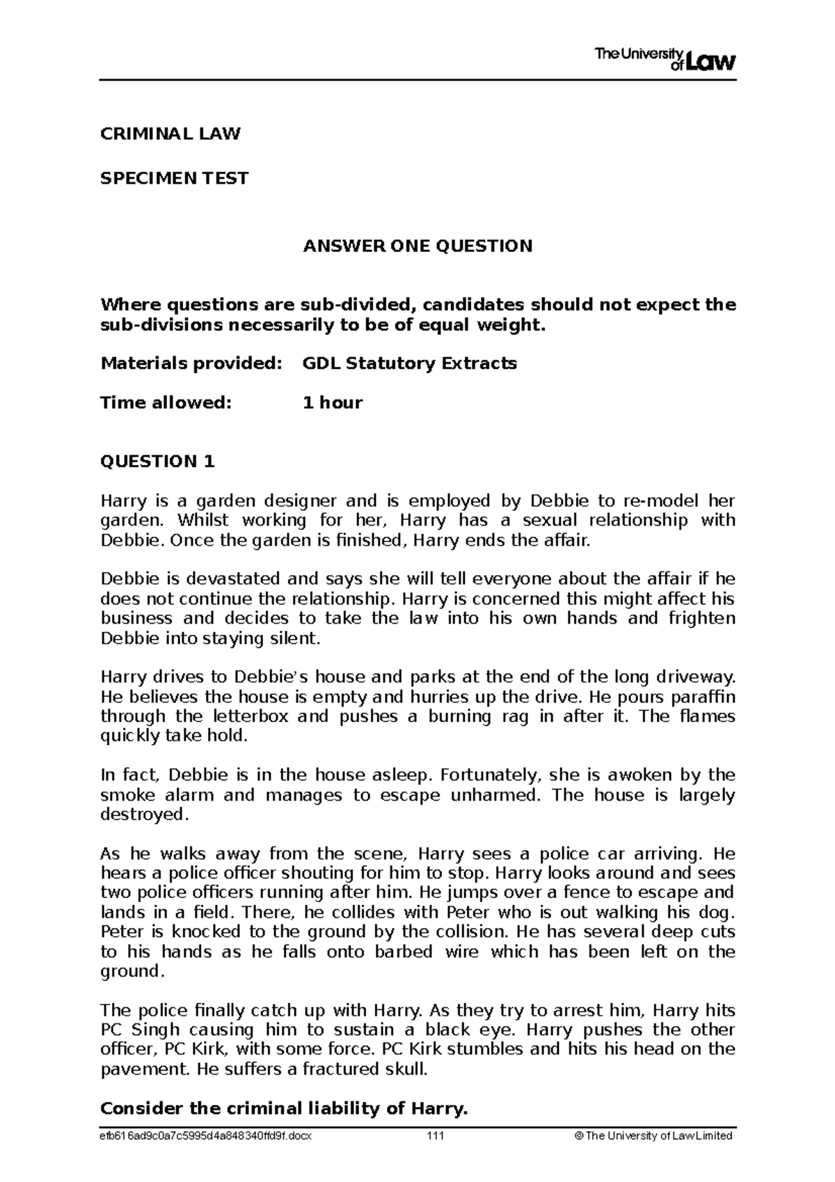 Specimen Test - This is a Practice Exam Paper for Criminal Law...final ...