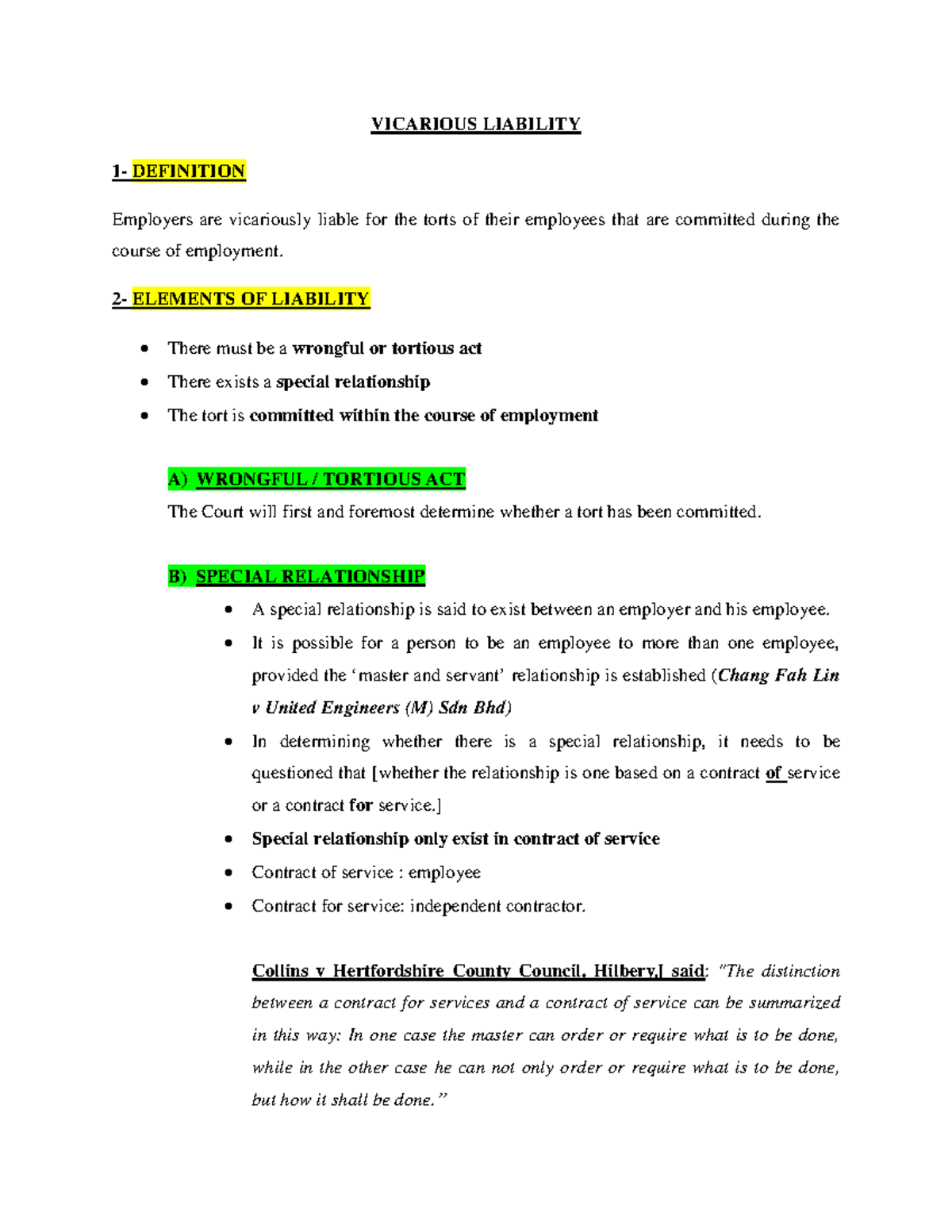 VL notes - VICARIOUS LIABILITY 1- DEFINITION Employers are vicariously ...