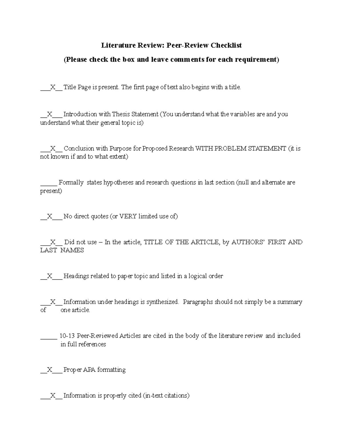 Lit Review Peer-Review Checklist - Literature Review: Peer-Review ...