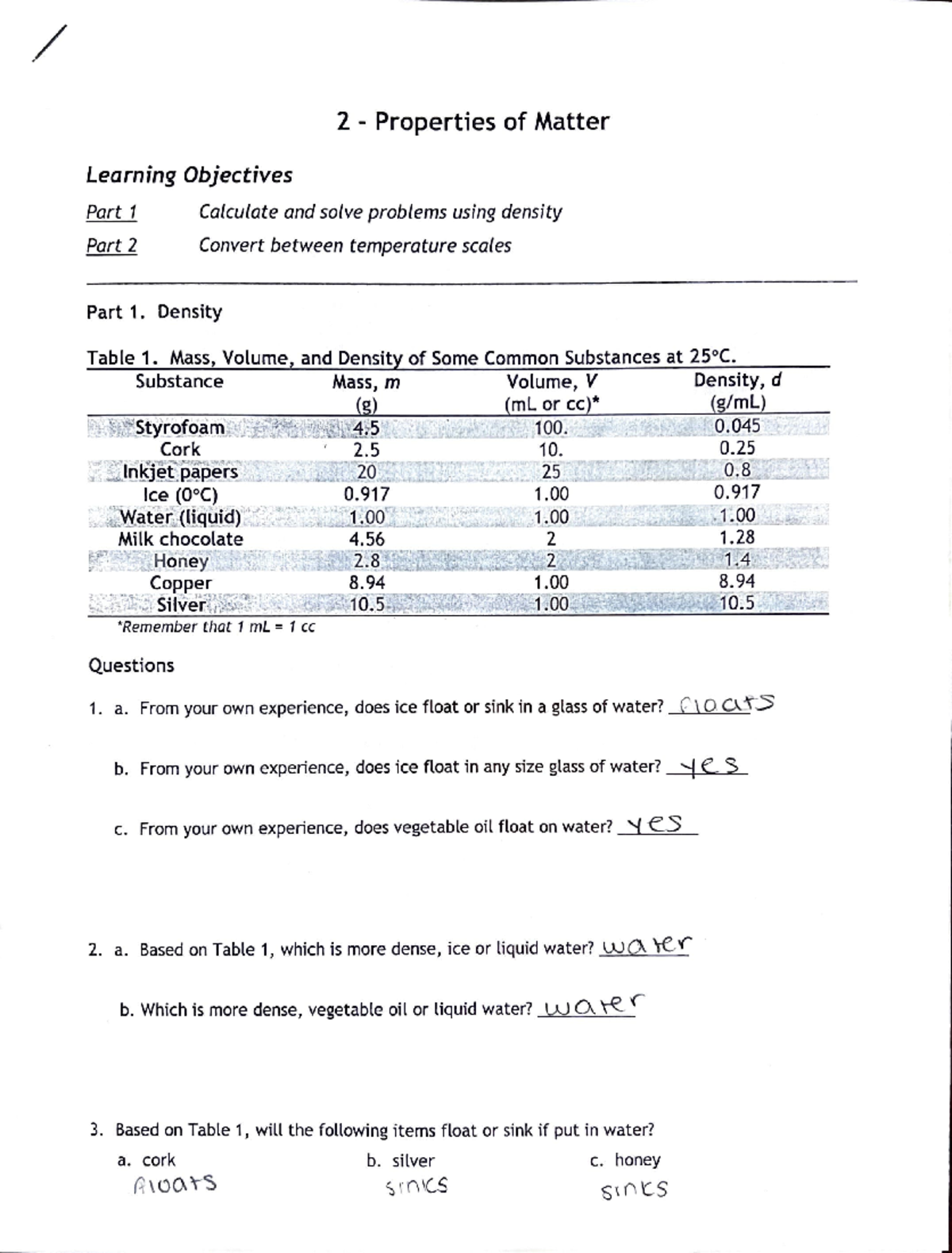Chem 1 - worksheet answers - 2 - PropertiesofMatter Learning Objectives ...
