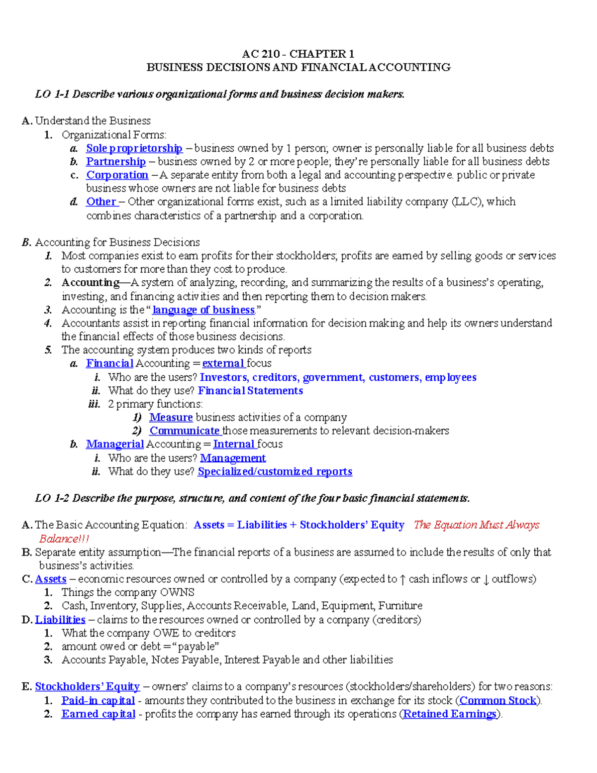 AC 210 Chapter 1 handout - AC 210 - CHAPTER 1 BUSINESS DECISIONS AND ...