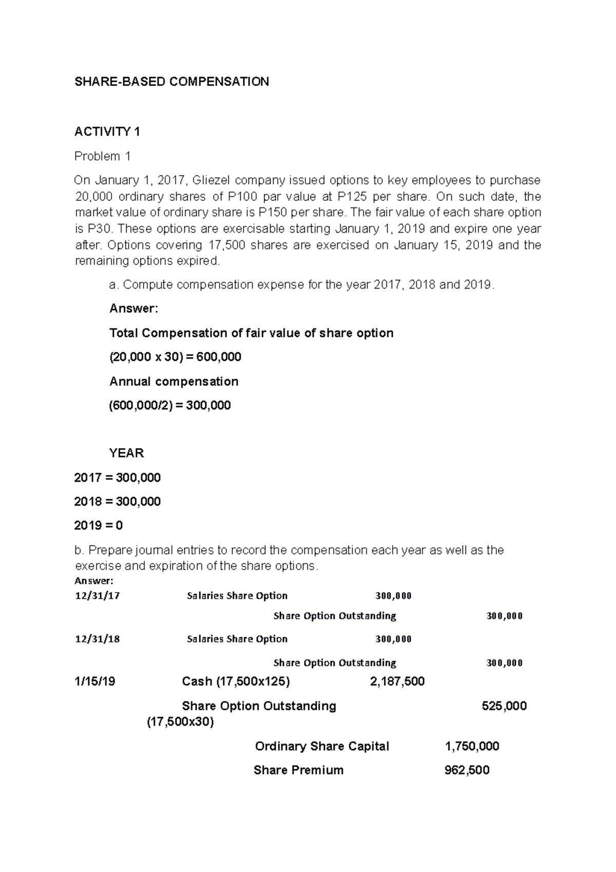 Share- Based Compensation - SHARE-BASED COMPENSATION ACTIVITY 1 Problem 1 On January 1, 2017 ...