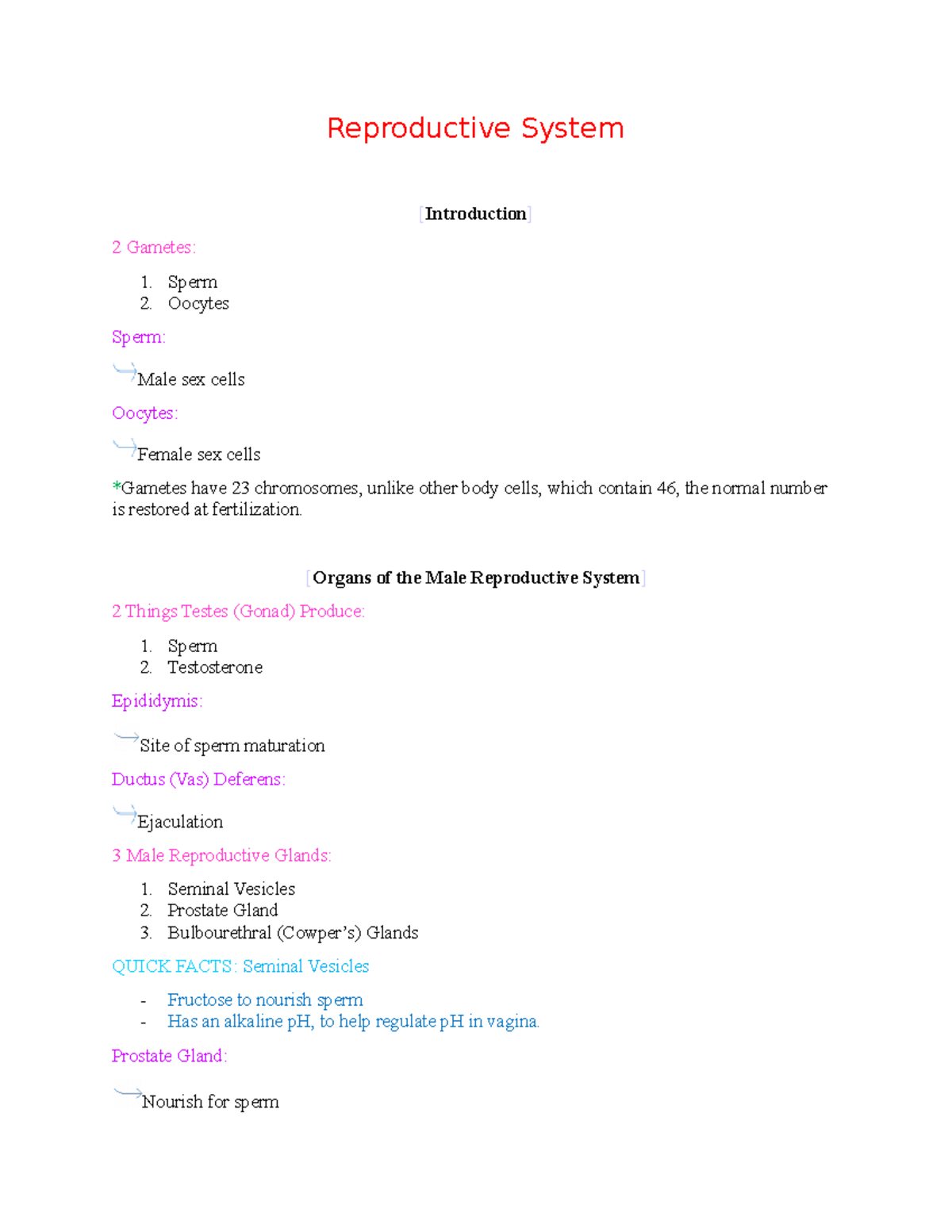 Reproductive System Notes (class year: fall 2021) - Reproductive System ...