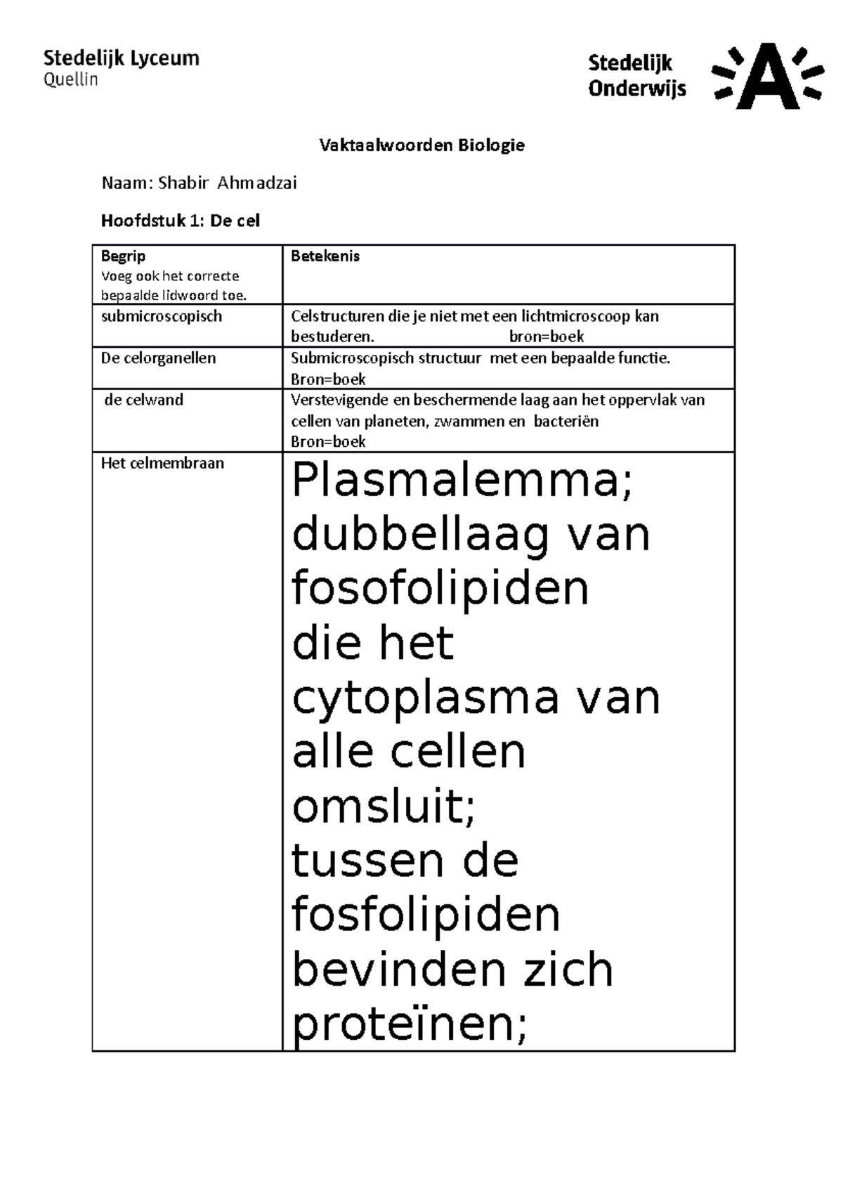 Vaktaalwoorden - hoofdstuk 1(BIO) - Vaktaalwoorden Biologie Naam ...