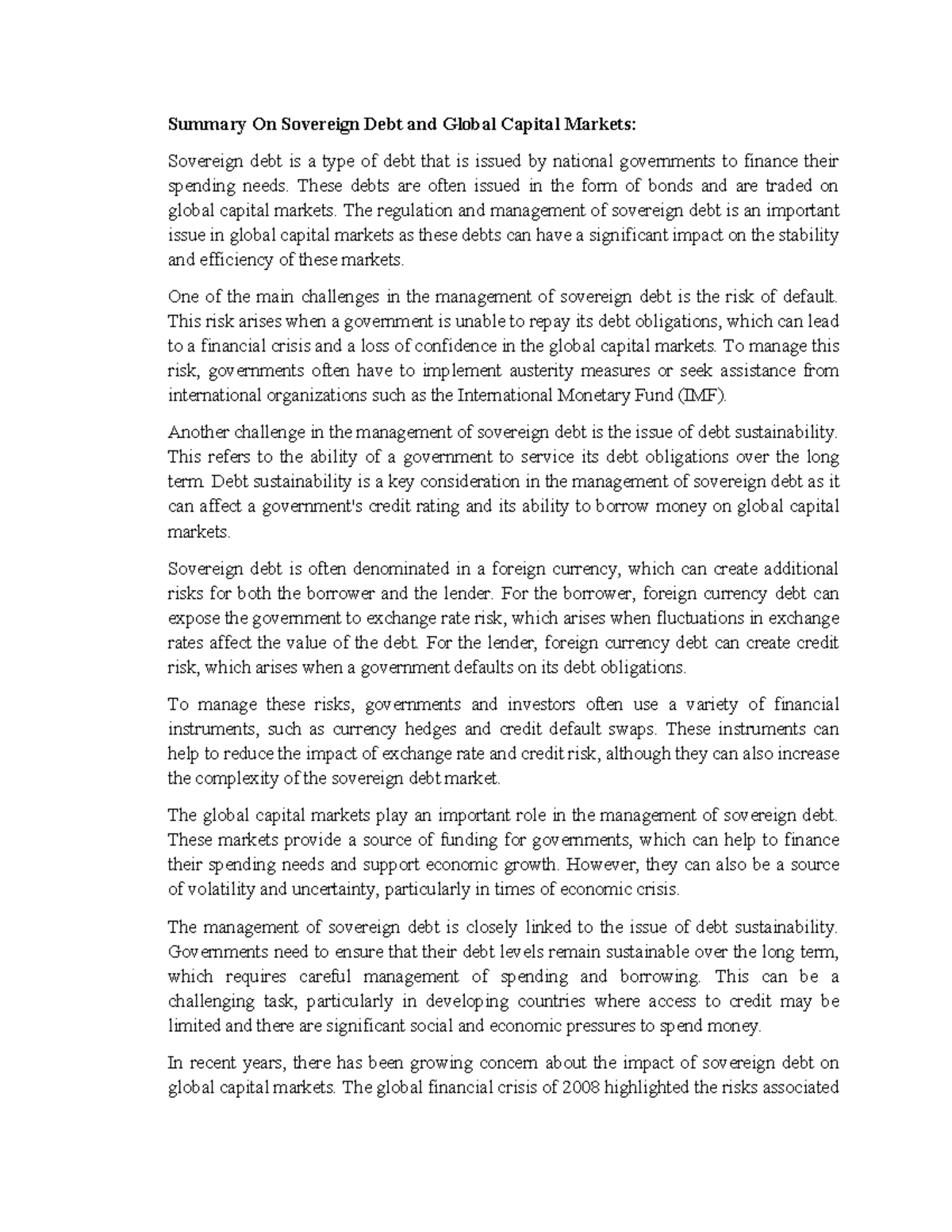 Summary On Sovereign Debt and Global Capital Markets - These debts are ...
