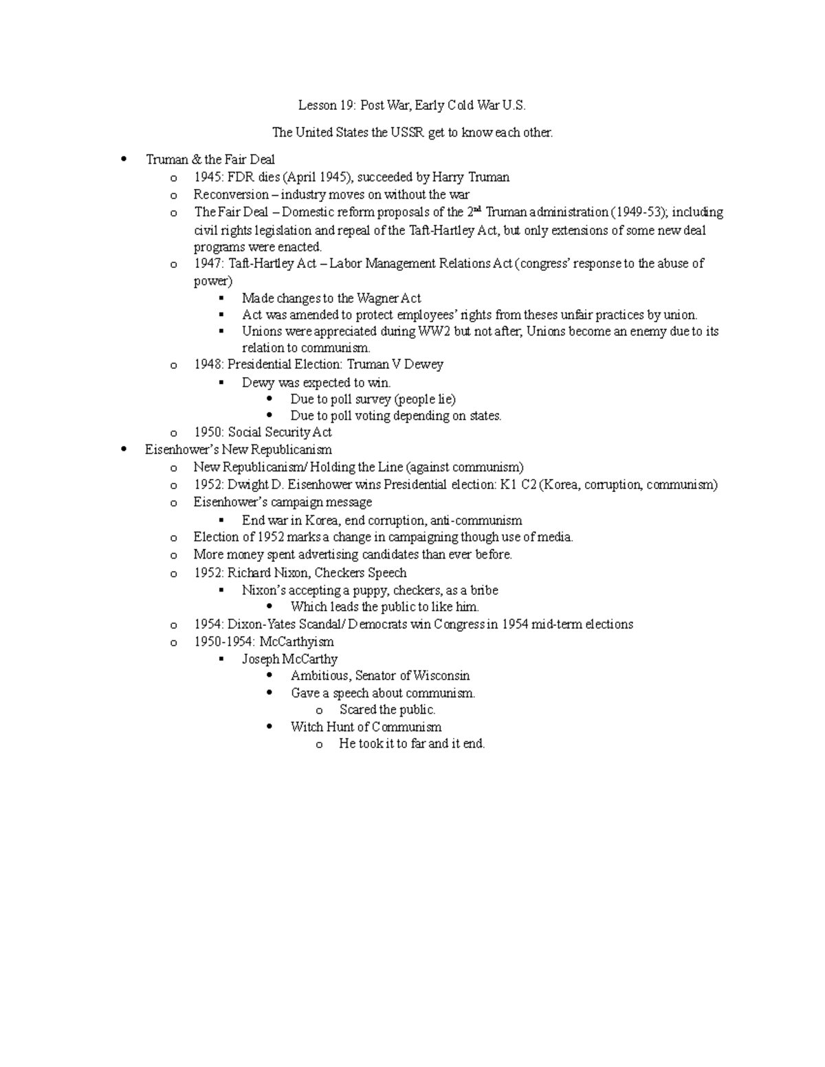 History Notes 10 - Professor: Dr. Jim Dupree - Lesson 19: Post War ...