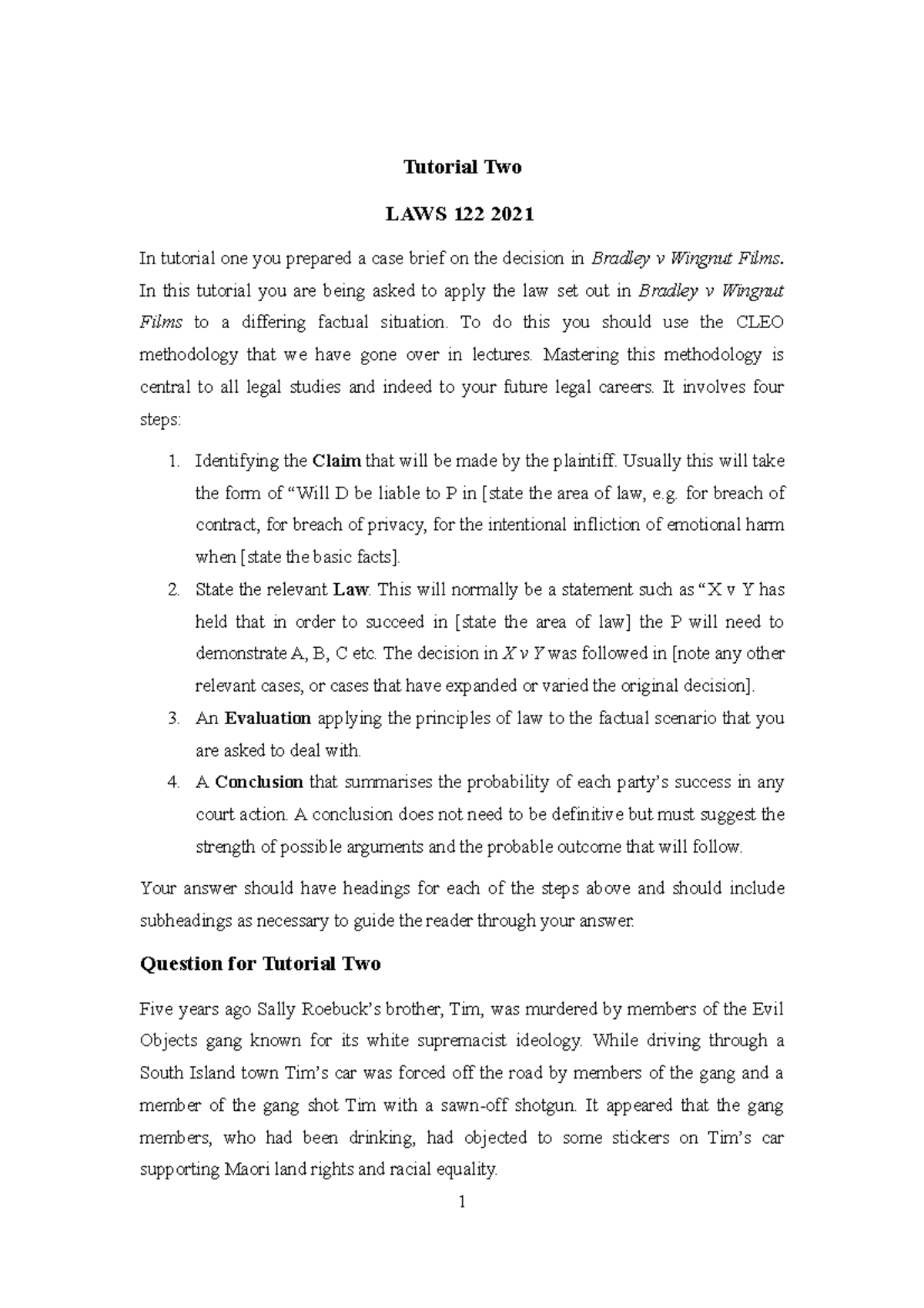 Laws122 Tutorial 2 2021 Question Tutorial Two Laws 122 2021 In Tutorial One You Prepared A