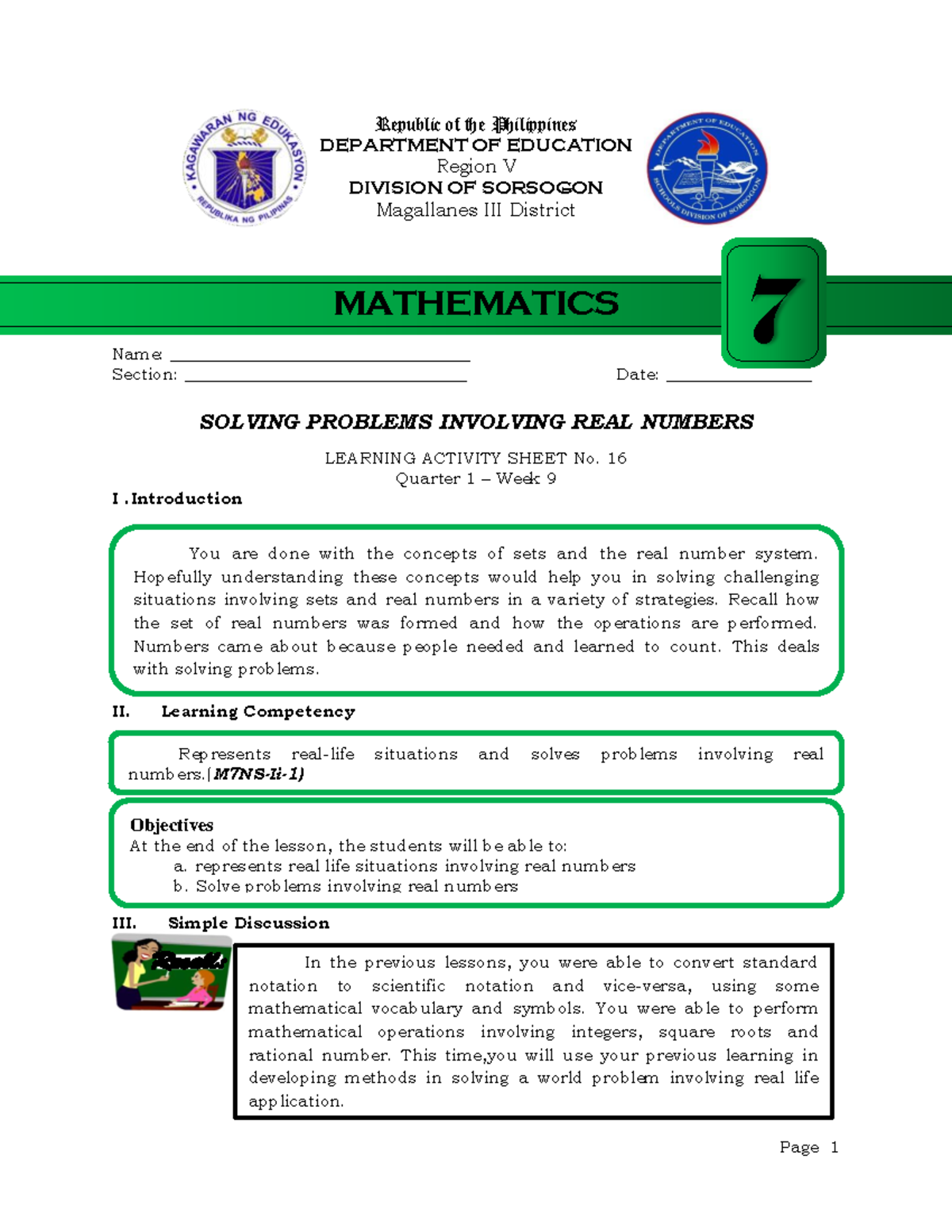 Math 7 LAS 16 - Q1 - Week 9 - Modules - Represents real-life situations ...