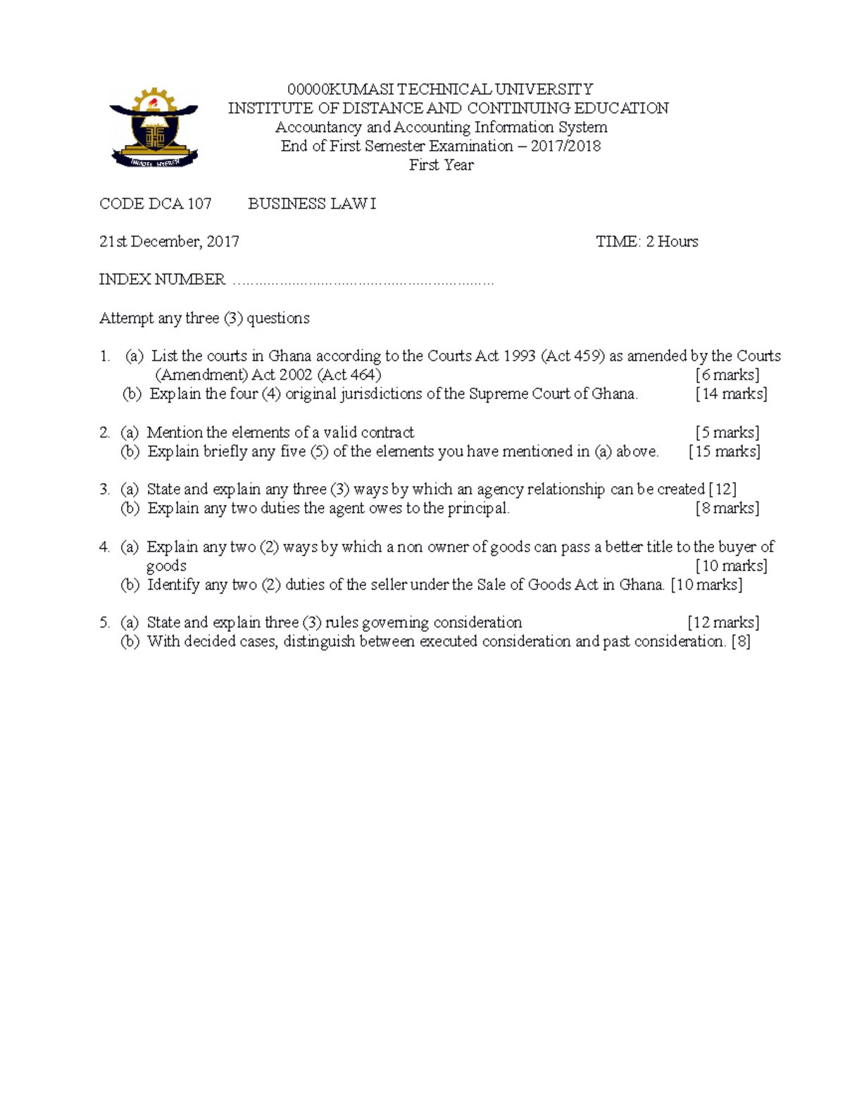 DCA Questions 2022 - 00000KUMASI TECHNICAL UNIVERSITY INSTITUTE OF ...