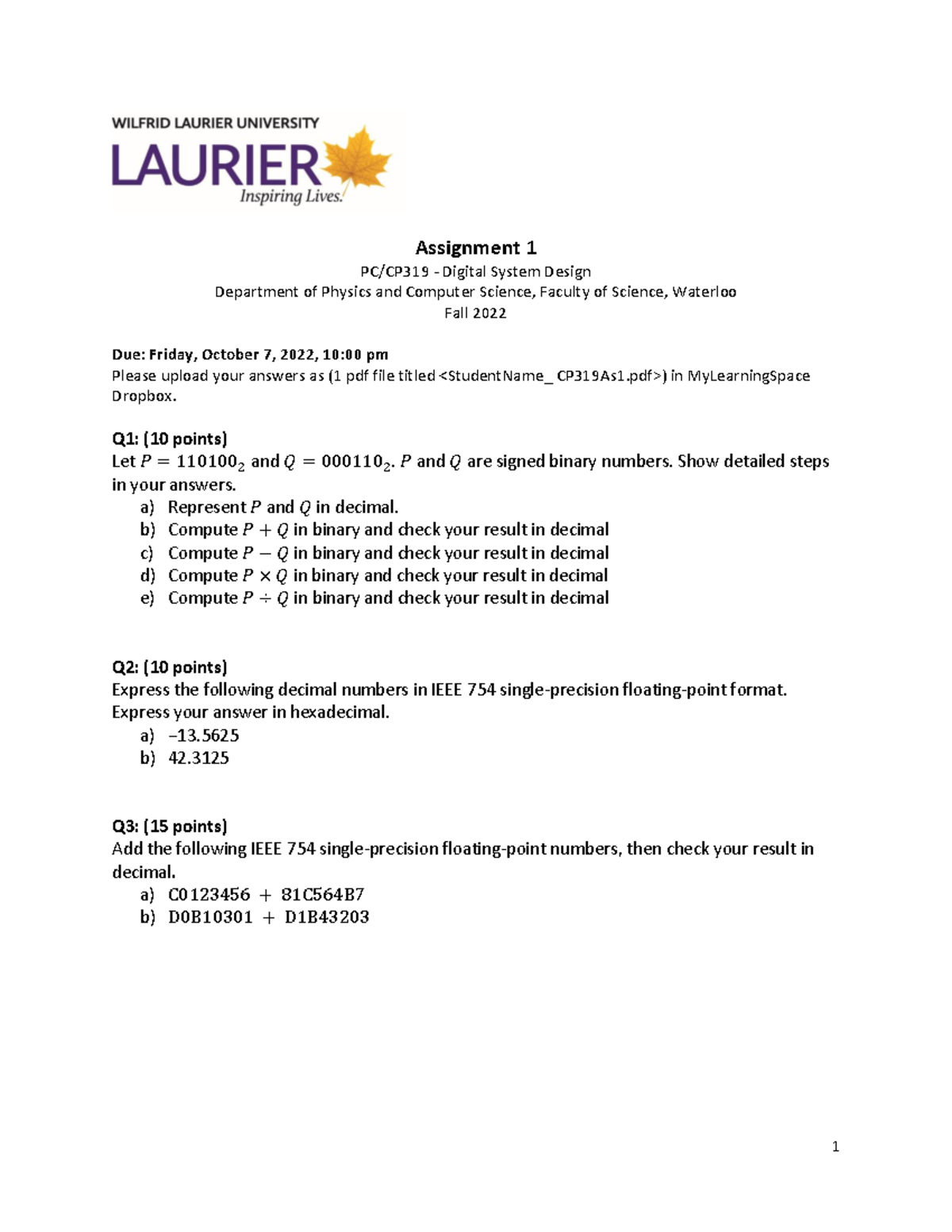Assignment 1 1 Assignment 1 Pc Cp319 Digital System Design