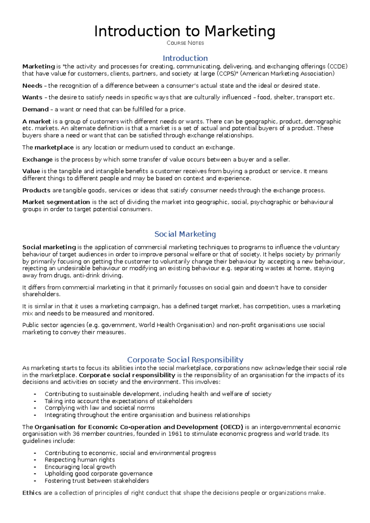 Intro to Marketing - Introduction to Marketing ####### COURSE NOTES ...