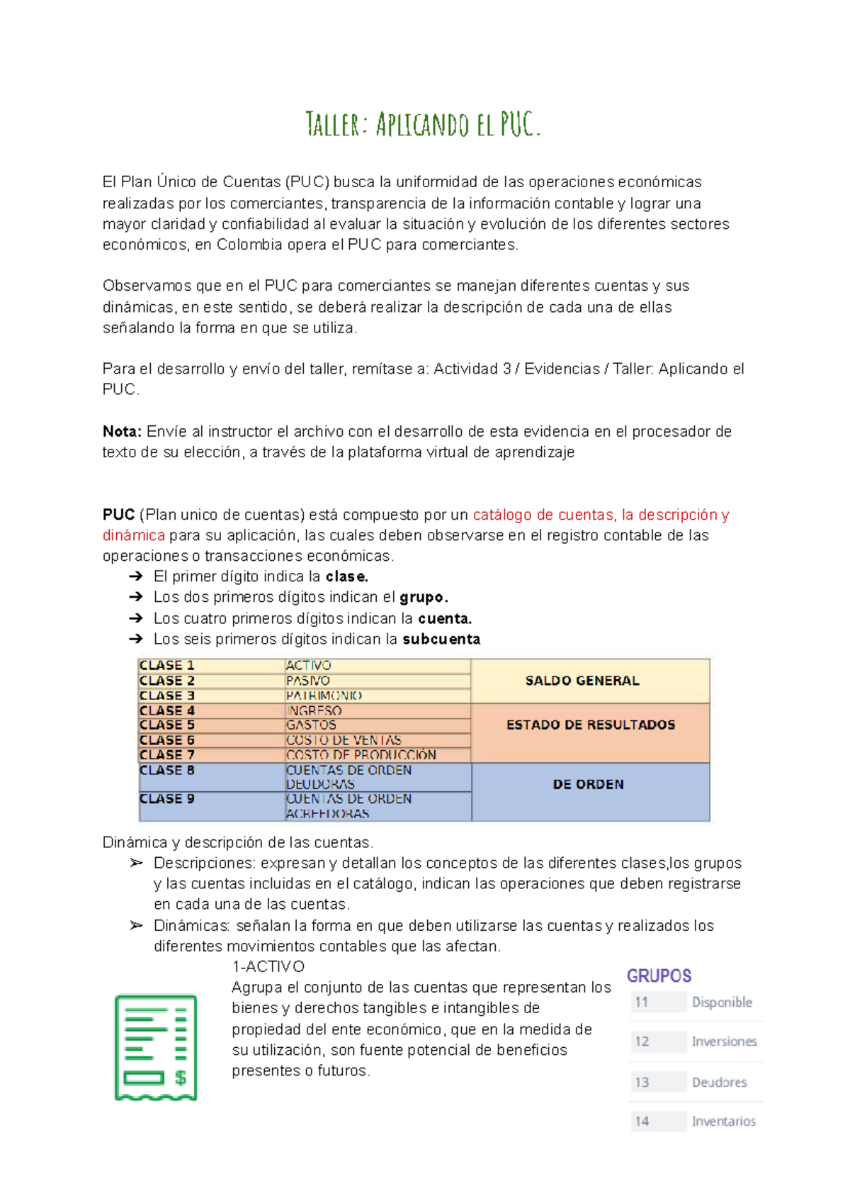 Taller Aplicando el PUC - El Plan Único de Cuentas (PUC) busca la ...