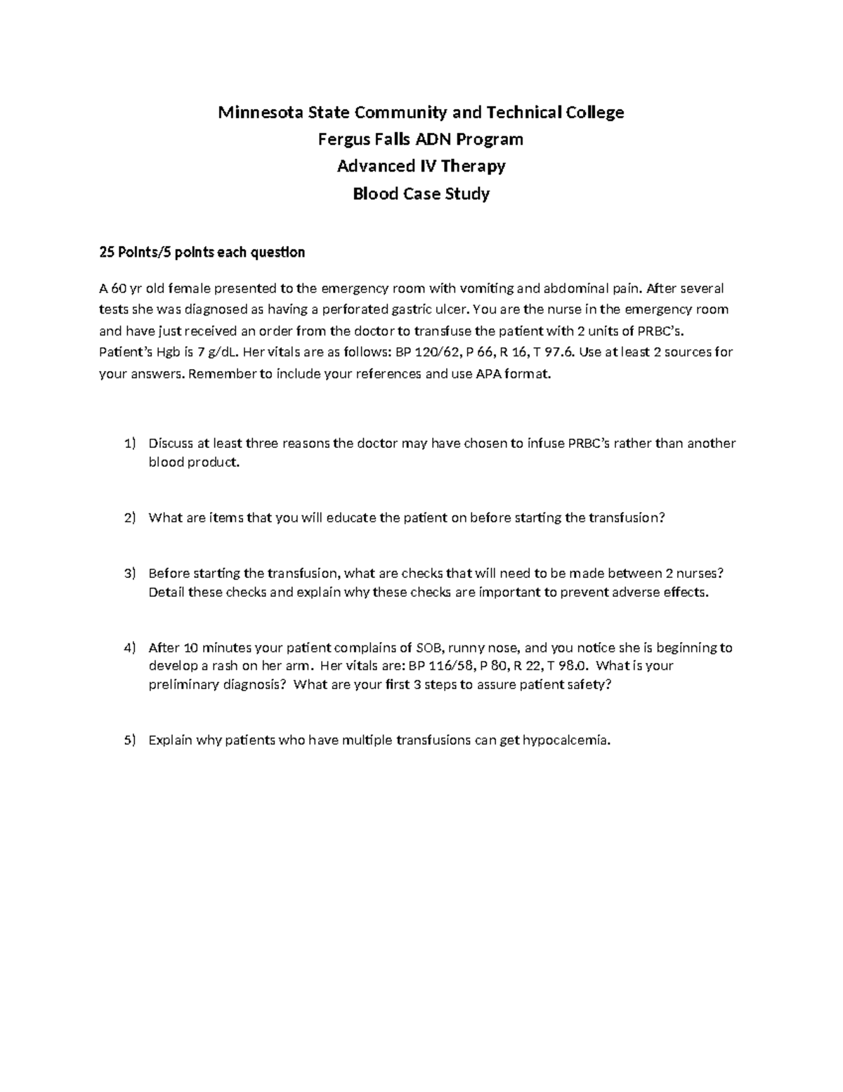 F17 Blood Case Study - NONE - Minnesota State Community and Technical ...