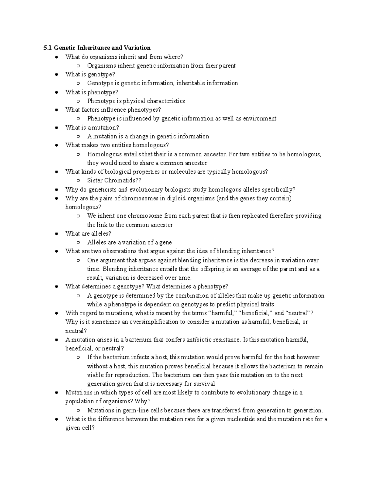 Biology II Study Questions - 5 Genetic Inheritance and Variation What ...