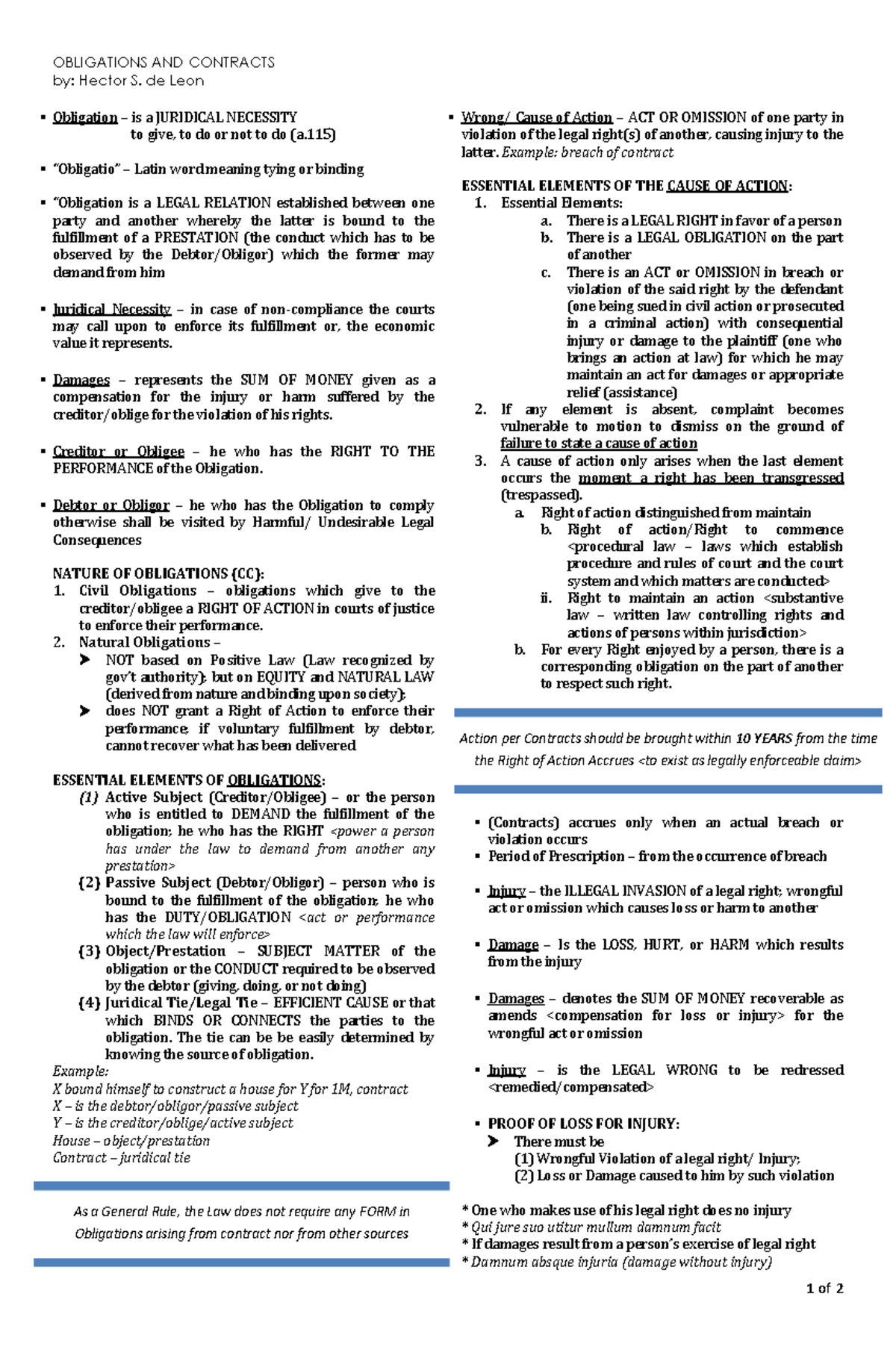 Pdfcoffee - BSA - OBLIGATIONS AND CONTRACTS by: Hector S. de Leon 1 of 2 Obligation – is a - Studocu