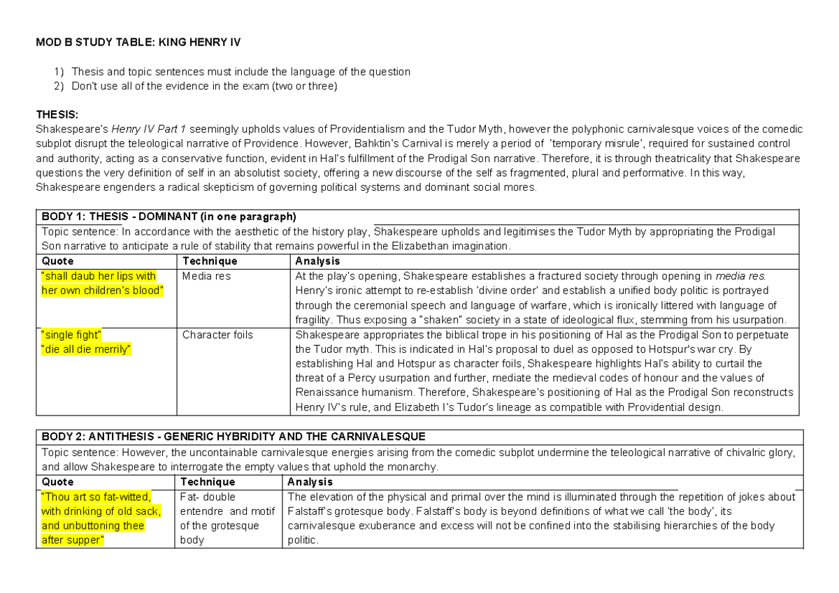 Mod B Study Table (Henry IV) - helpful study table for Mod B - How to ...