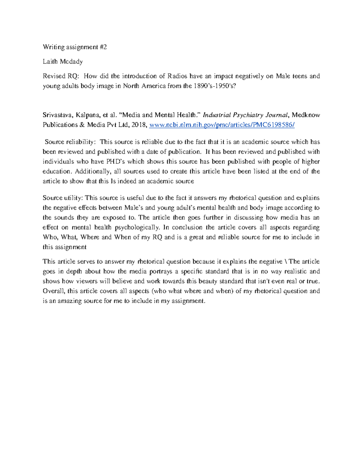 WSA #2 - Assignment 1 scaffolding - Writing assignment # Laith Mcdady Revised RQ: How did the ...