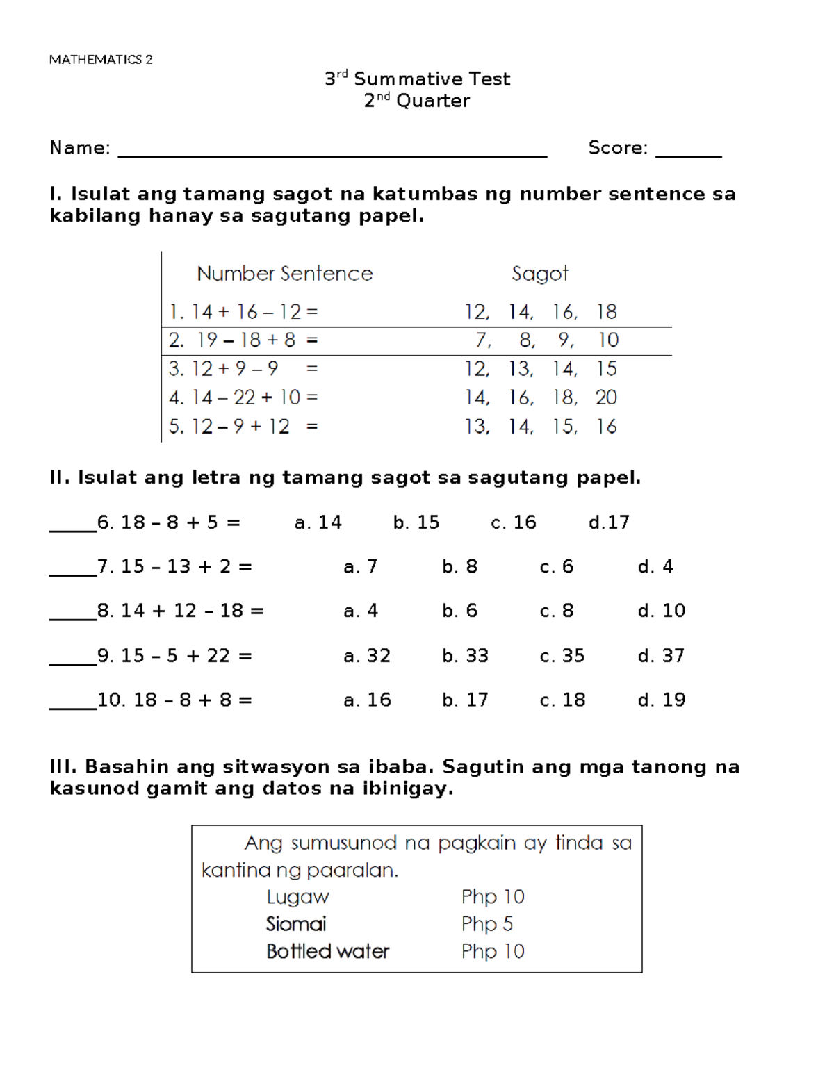 MATH2 ST3 Q2 - Summative Test - MATHEMATICS 2 3 rd Summative Test 2 nd ...