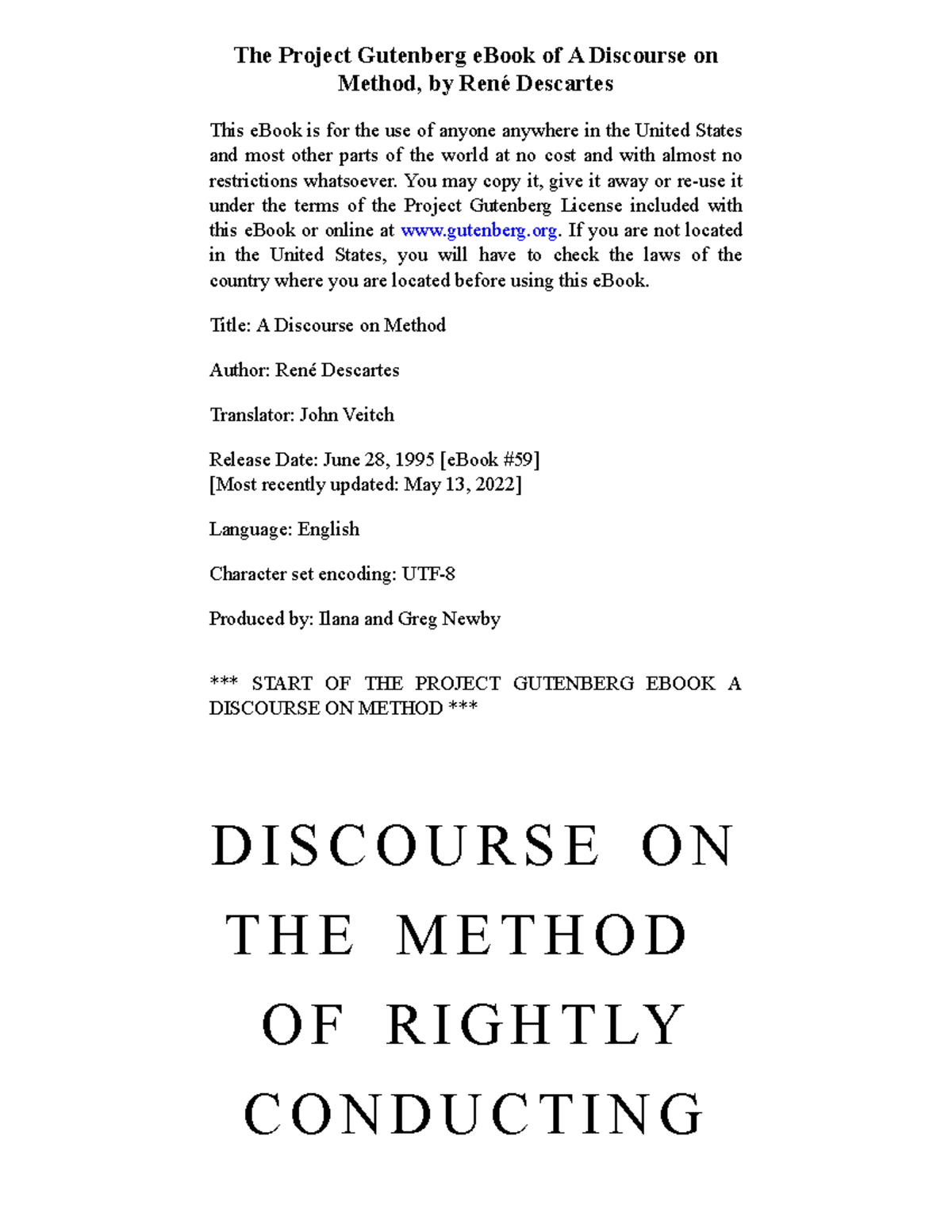 The Project Gutenberg e Book of A Discourse on Method, by René ...