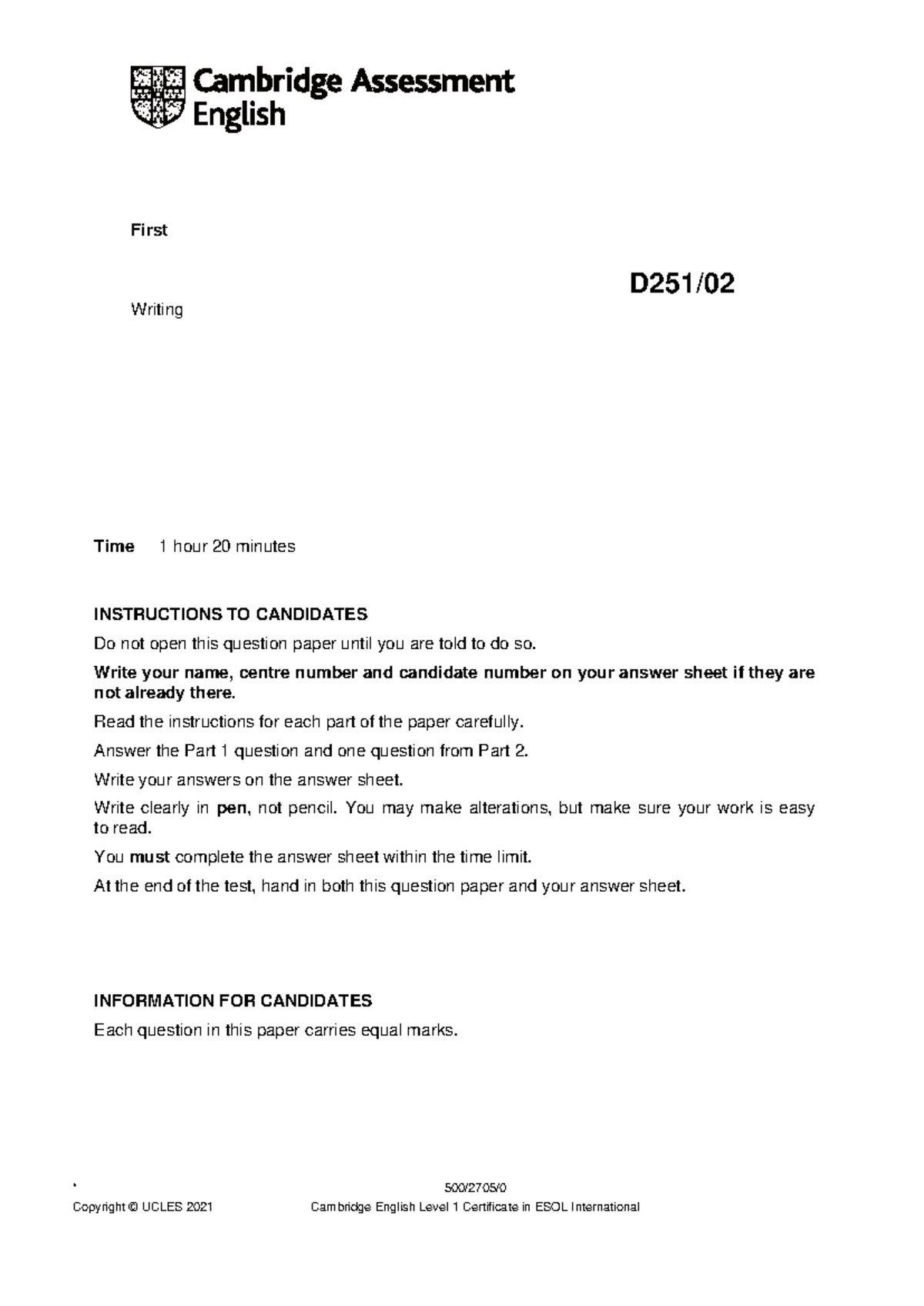 Writing Exam - exam - First Writing D251/ Time 1 hour 20 minutes ...