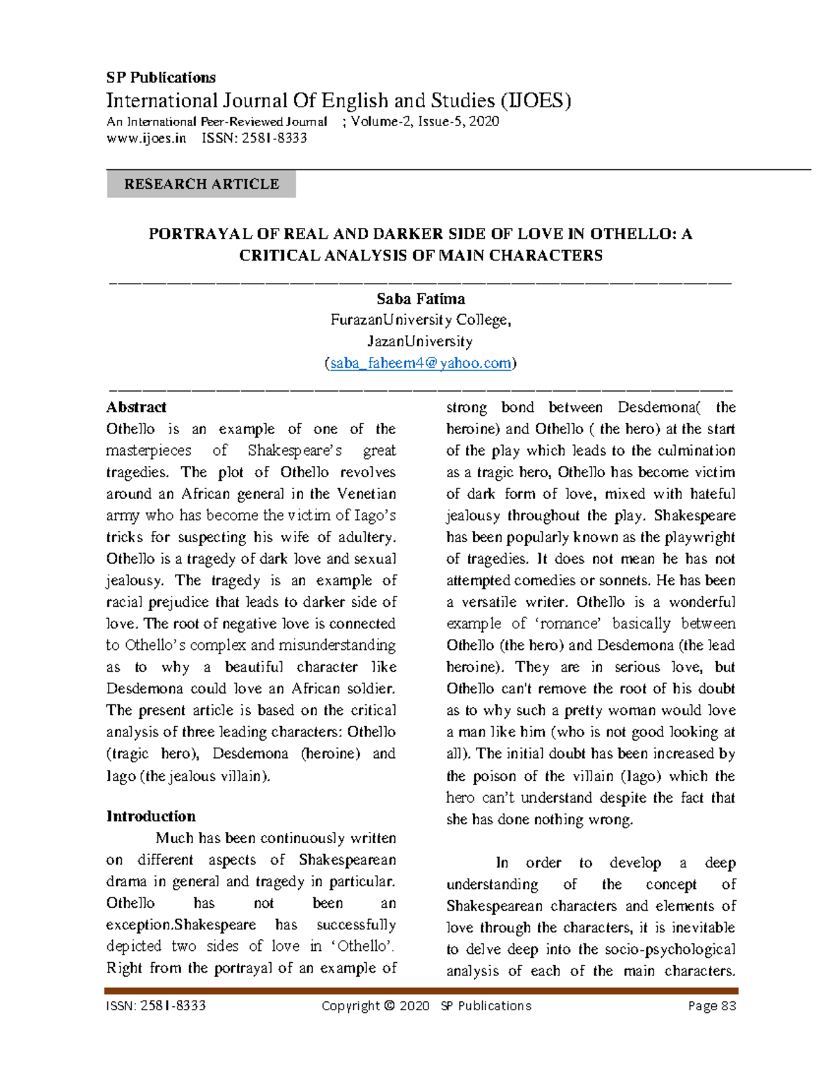 Othello Themes Analysis - International Journal Of English and Studies (IJOES) An International ...