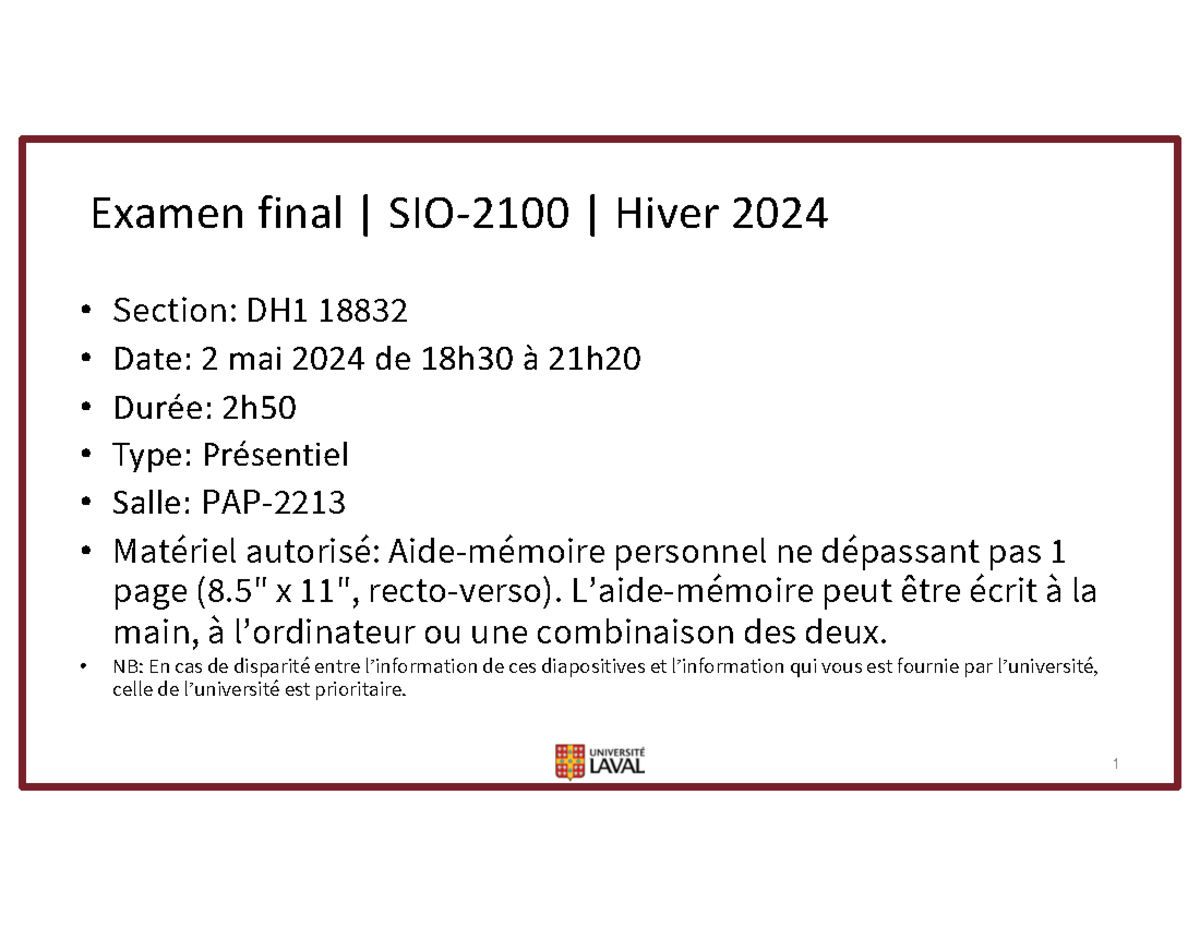 Guide de révision - Examen Final - SIO 2100 - H24 - SIO-2100 H2022 S Examen final | SIO-2100 ...