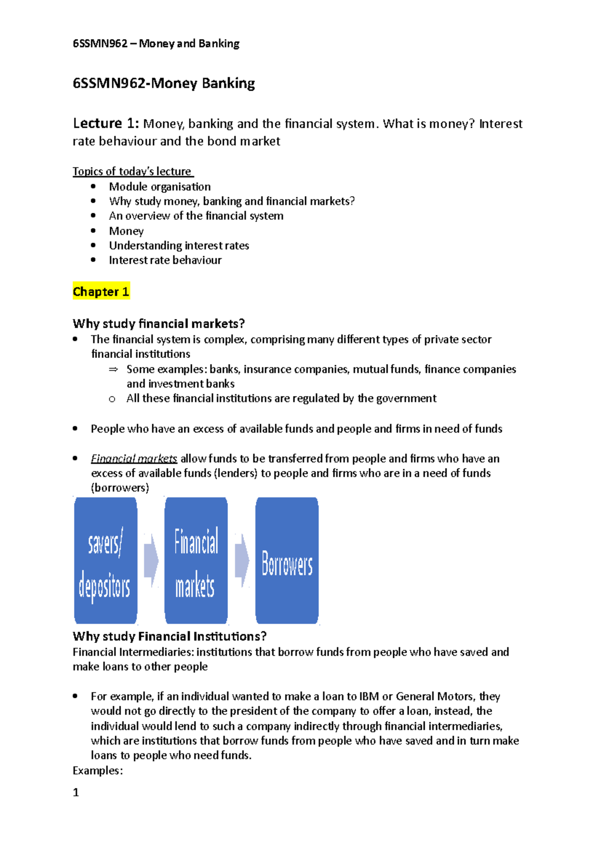 6SSMN962-Money and Banking-L1 - 6SSMN962-Money Banking Lecture 1: Money, banking and the ...