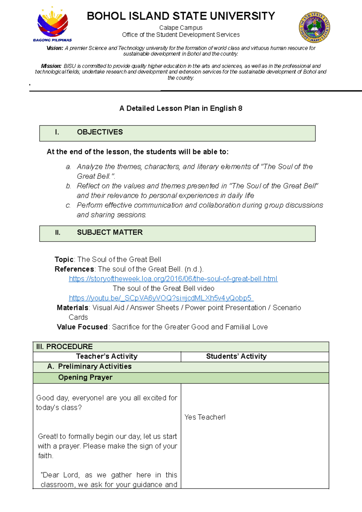 A Detailed Lesson Plan in English 8 with border - Calape Campus Office ...