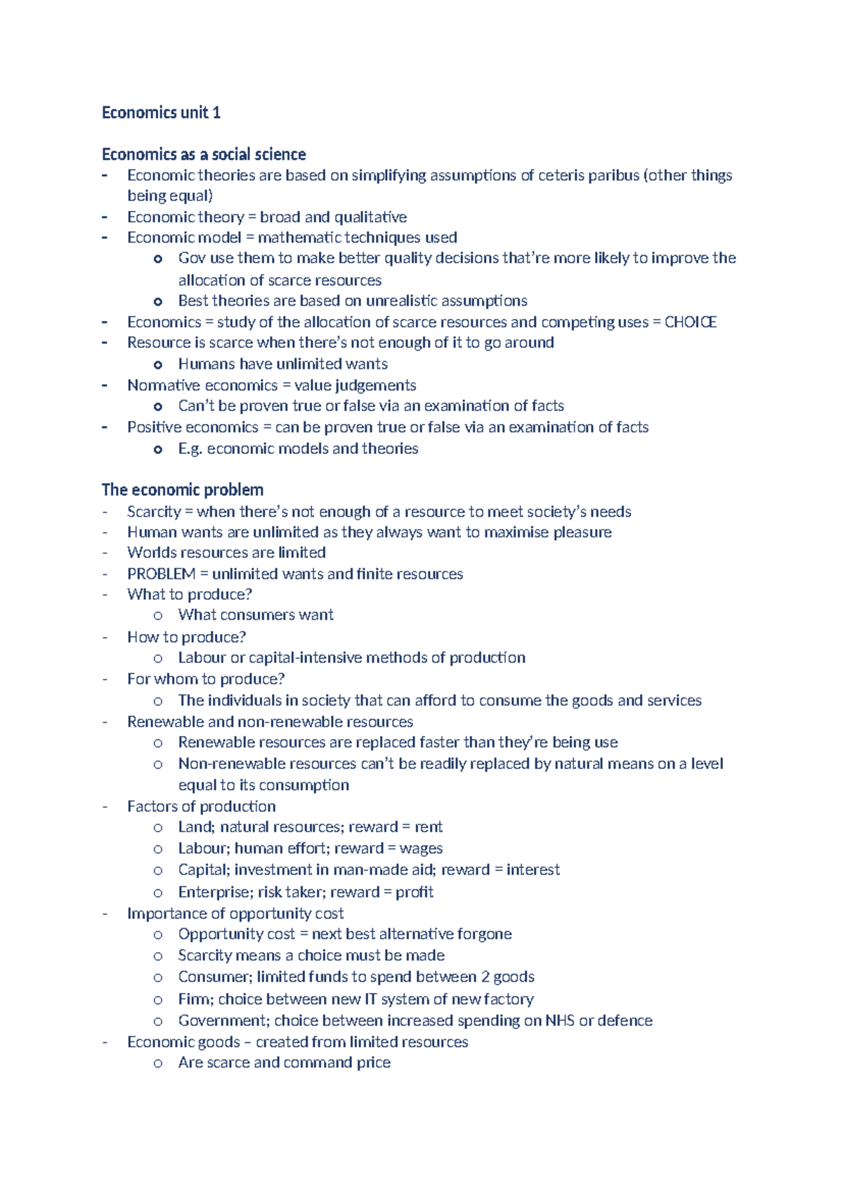 Economics unit 1 revision - Economics unit 1 Economics as a social ...