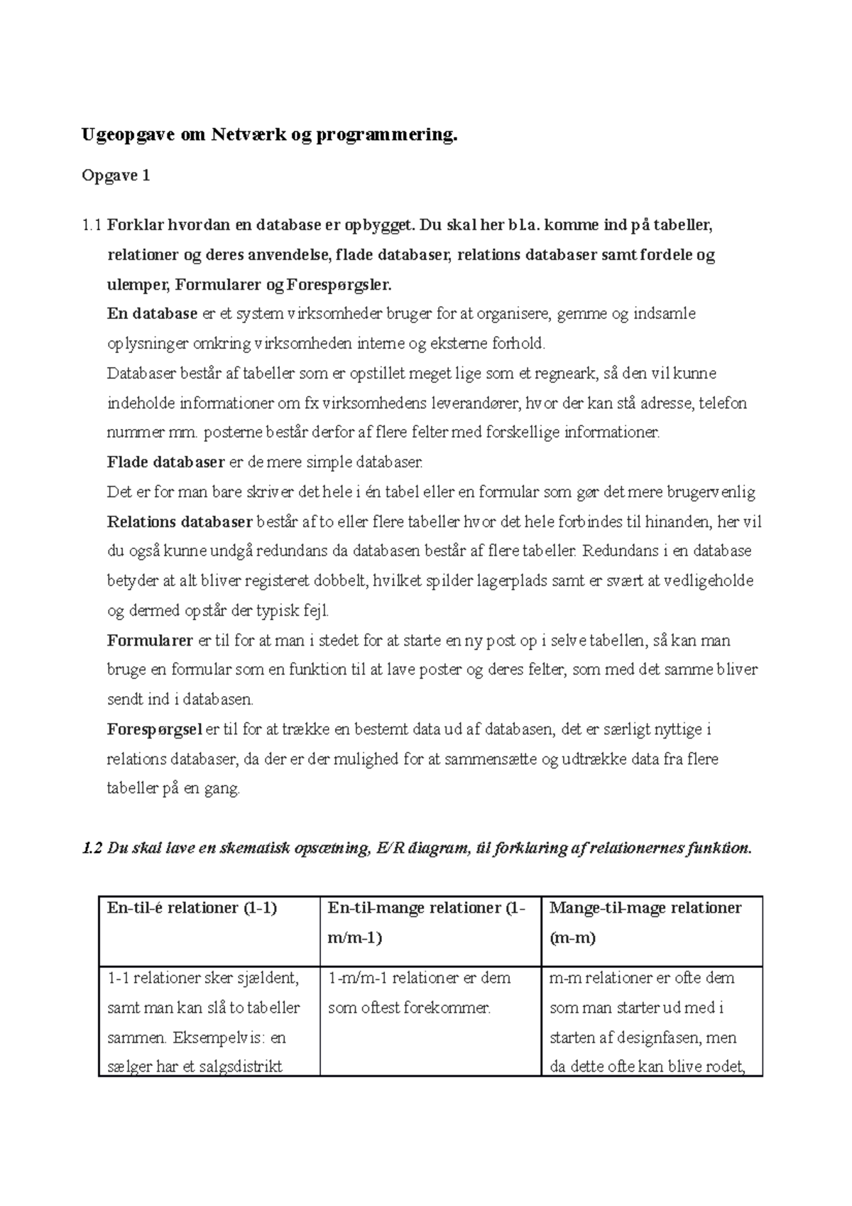 Ugeopgave om Netværk og programmering - Opgave 1 1 Forklar hvordan en database er opbygget. Du ...