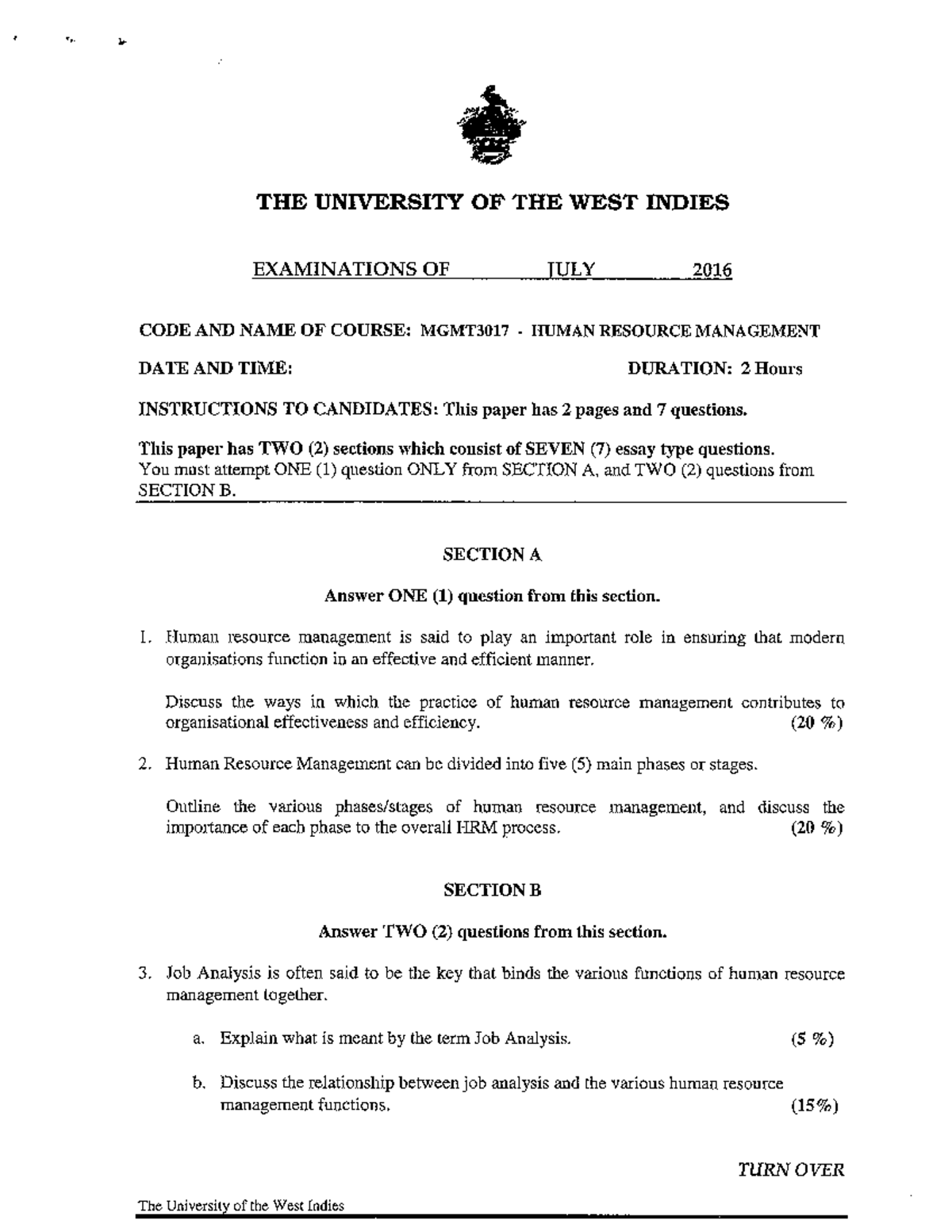 MGMT30172016 20 - Past paper for human resource management in 2016/2017 ...