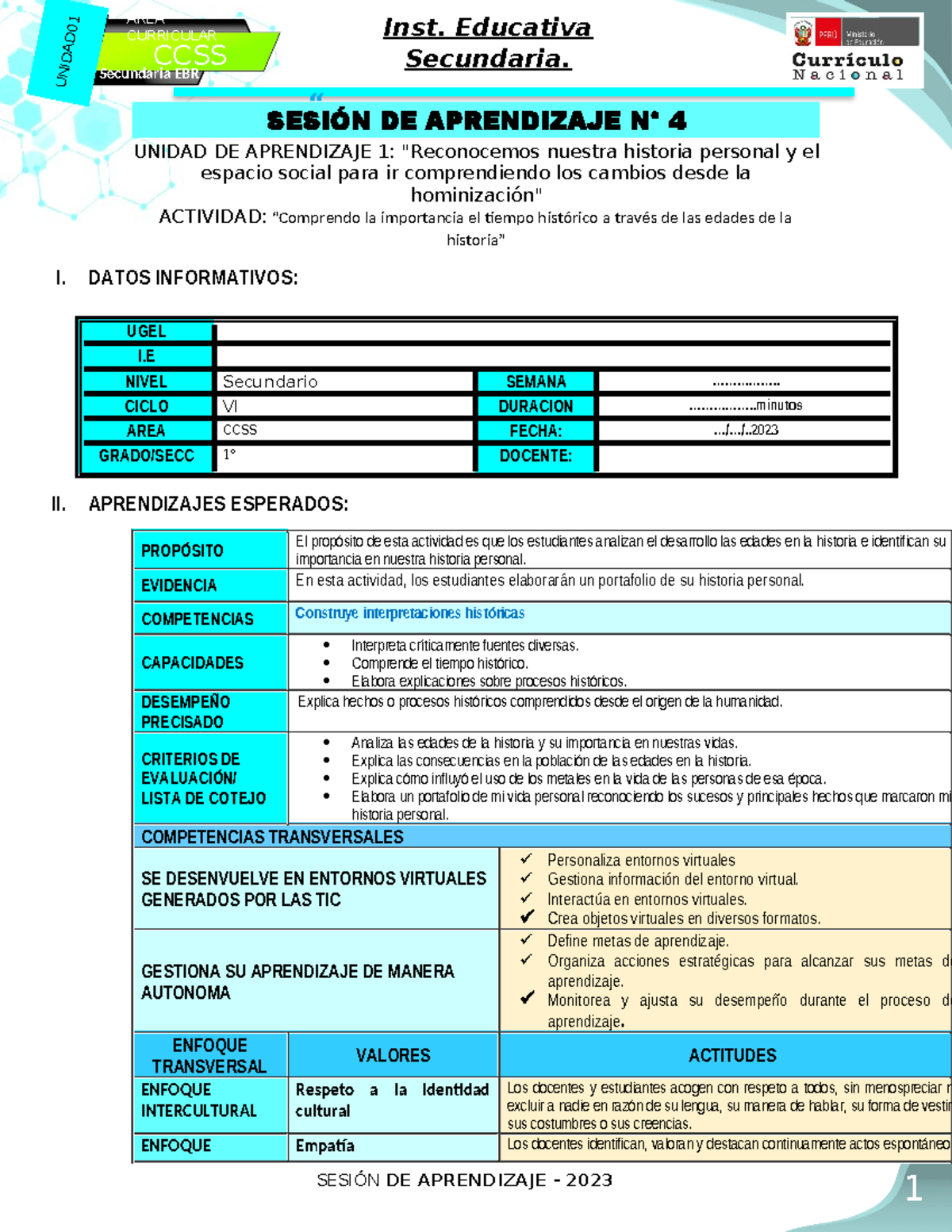 Sesion CCSS 1° SEC- Semana 04 - CCSS UNIDAD Secundaria EBR CURRICULAR Inst. Educativa Secundaria ...
