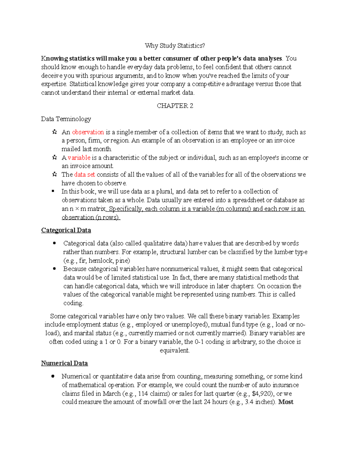 Ch1 and Ch2 Notes - Why Study Statistics? Knowing statistics will make ...