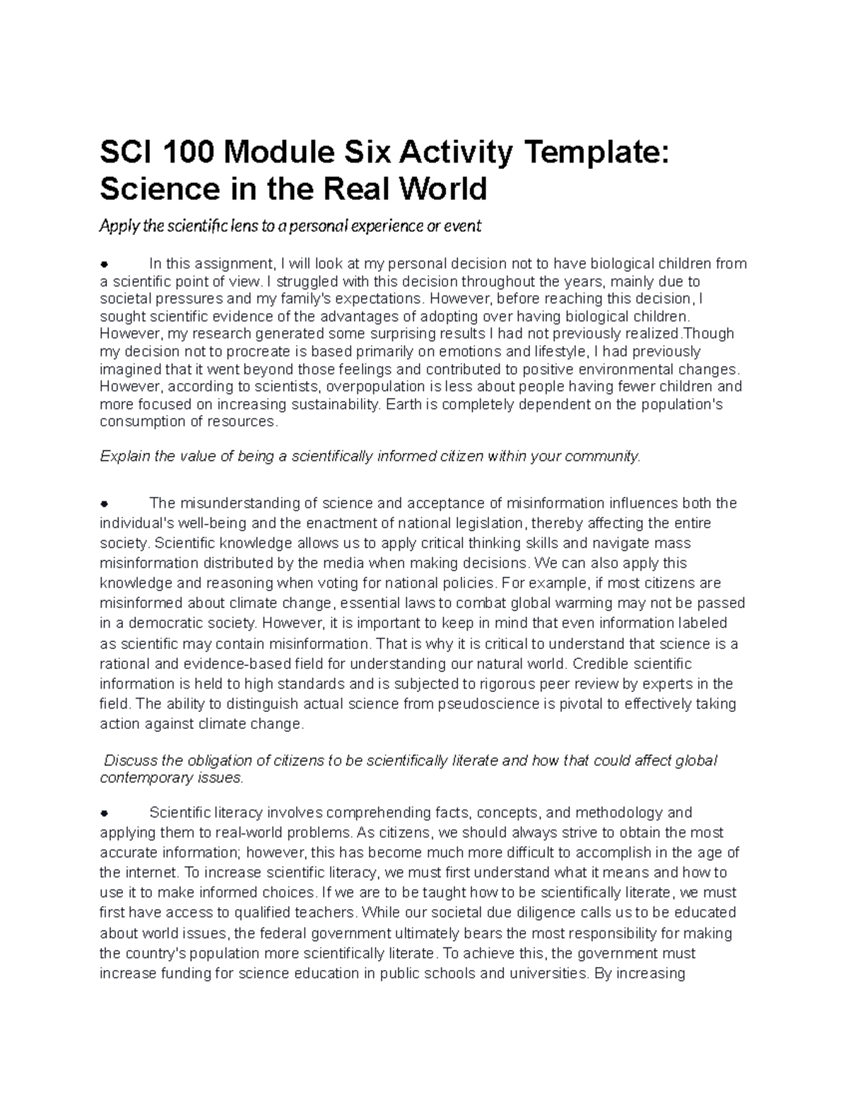 SCI100 6-1 Activity - Southern New Hampshire University Mandatory ...