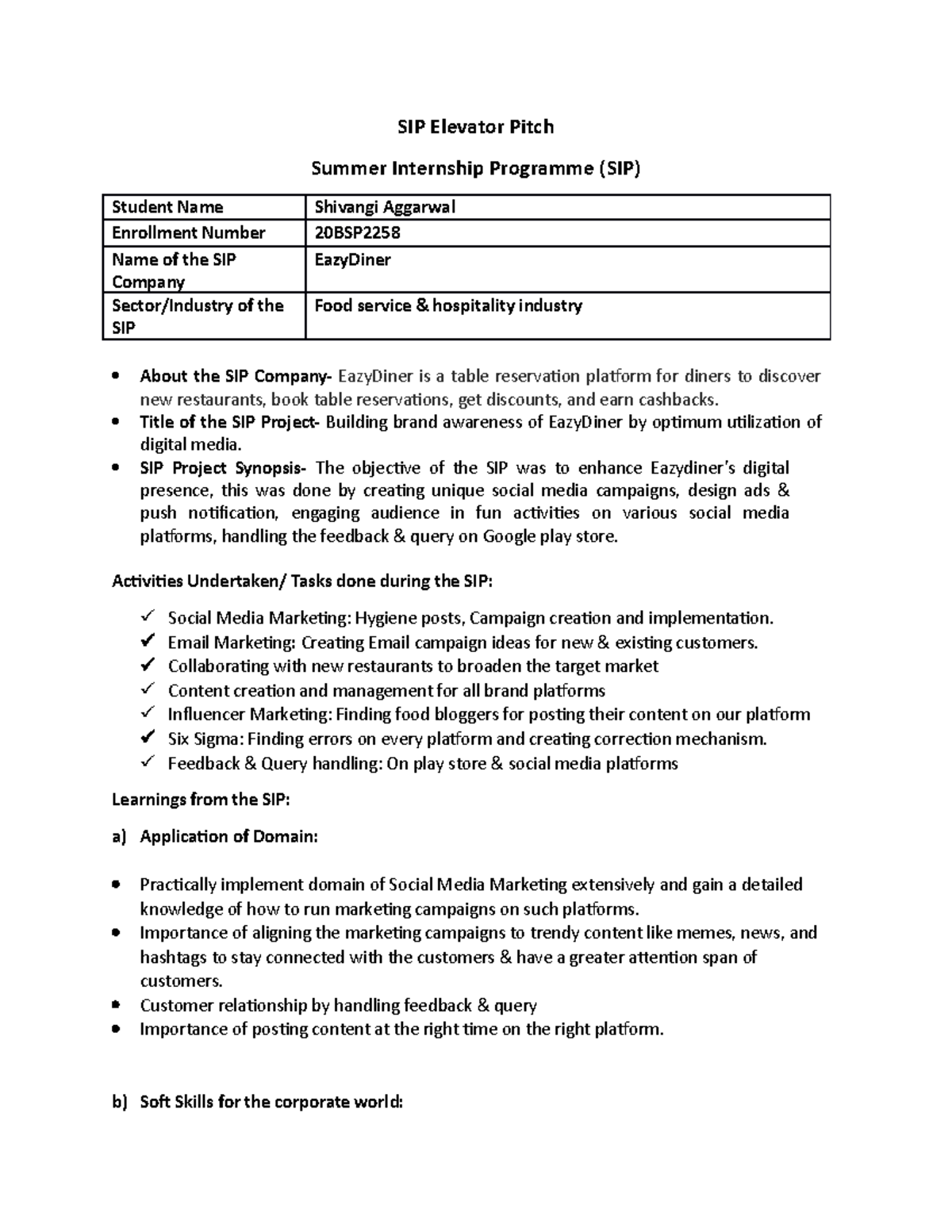 SIP elevator pitch final - SIP Elevator Pitch Summer Internship ...