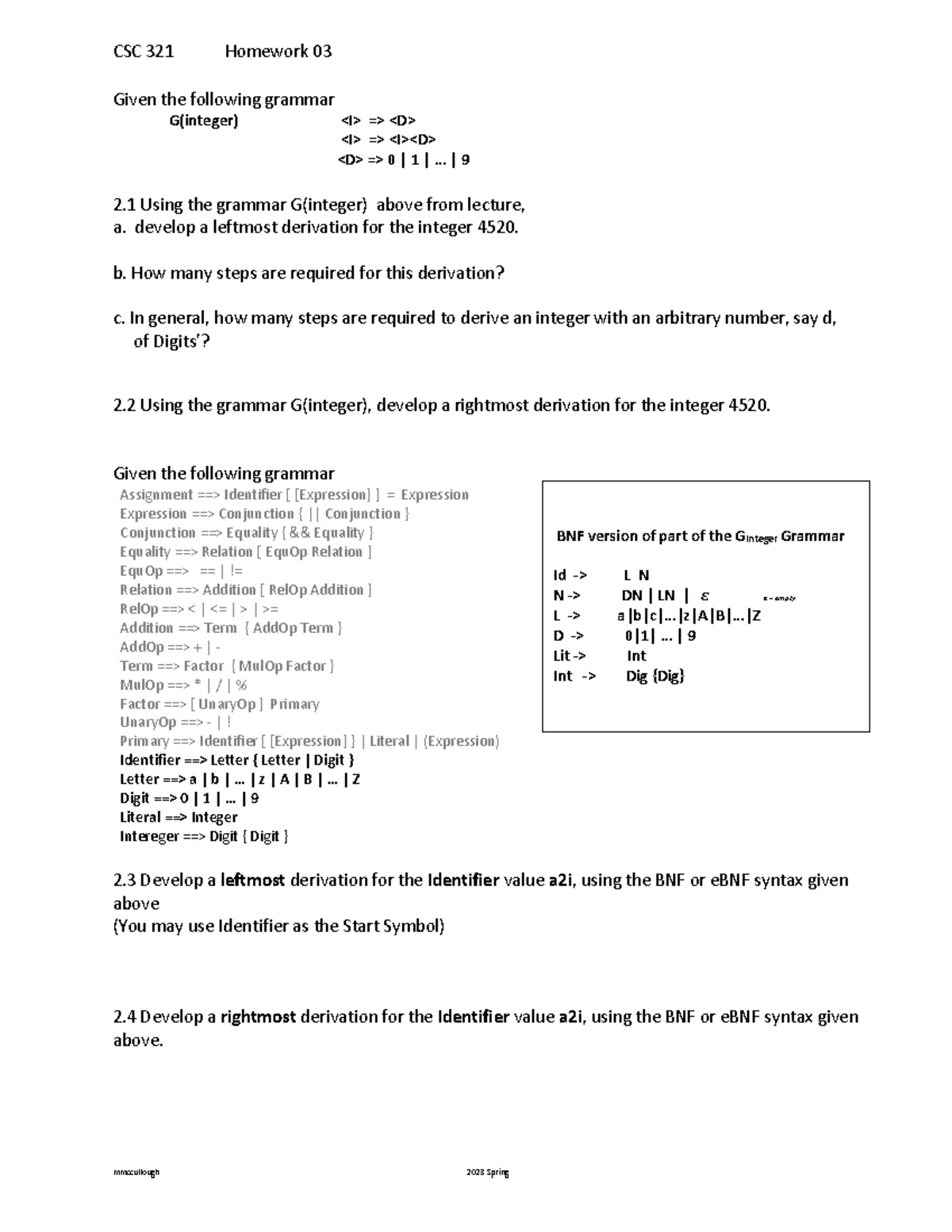 Hw03 - these are the practice questions - Given the following grammar G ...