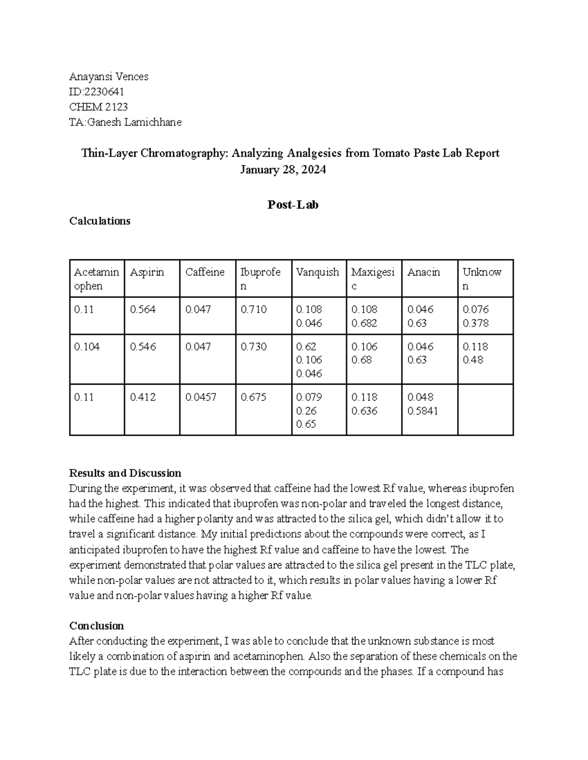 Lab Report 1 - Thin-Layer Chromatography: Analyzing Analgesics from Tomato Paste - Anayansi ...