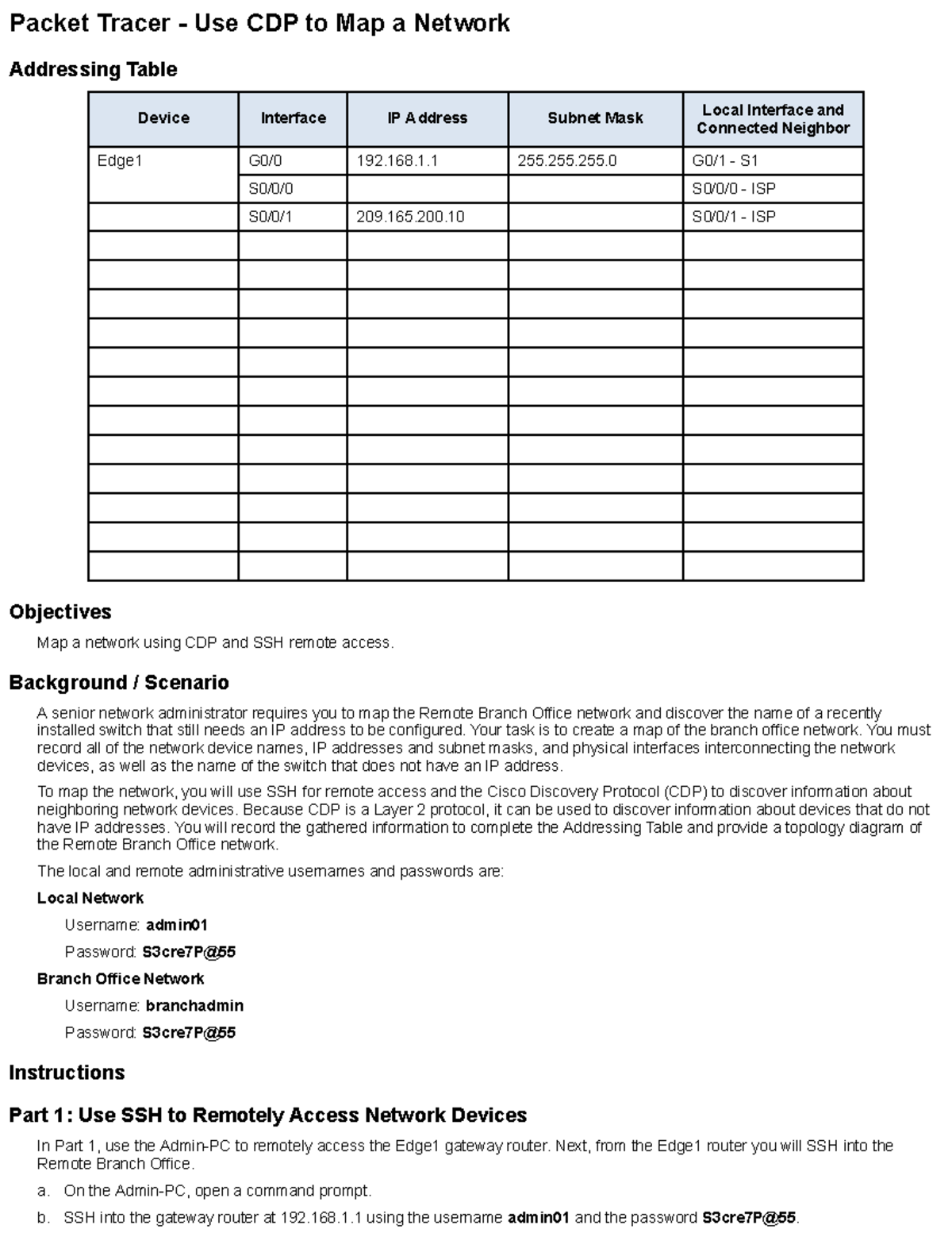 10 - YESS - Packet Tracer - Use CDP to Map a Network Addressing Table ...