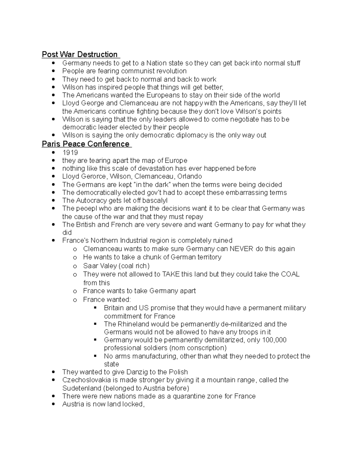 History 1115 Post War Destruction and Paris Peace Conference cont ...