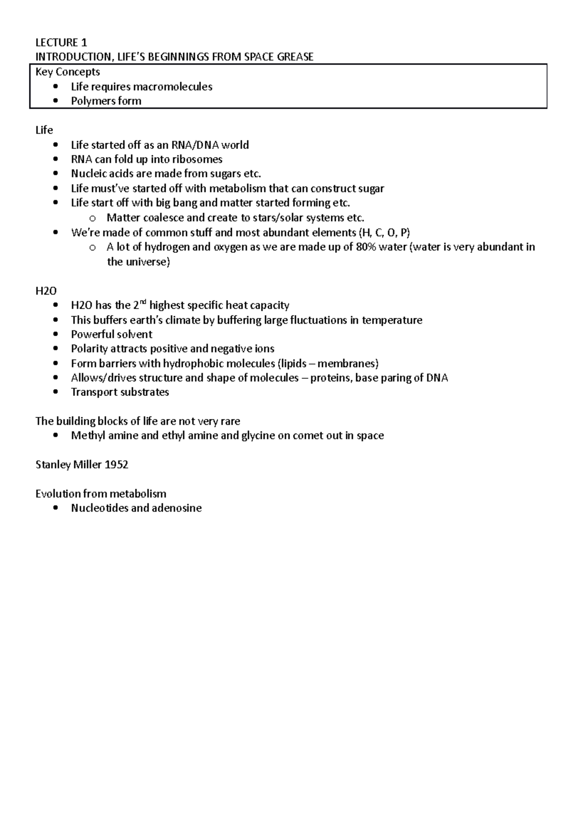 Introduction Lecture Notes Lecture 1 Introduction Lifes Beginnings From Space Grease Key